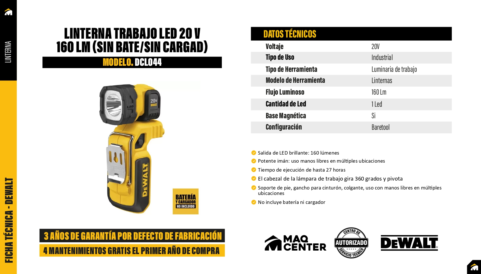 Linterna Trabajo Led 20V Max 160 Lm Baretool - DCL044 Dewalt ...