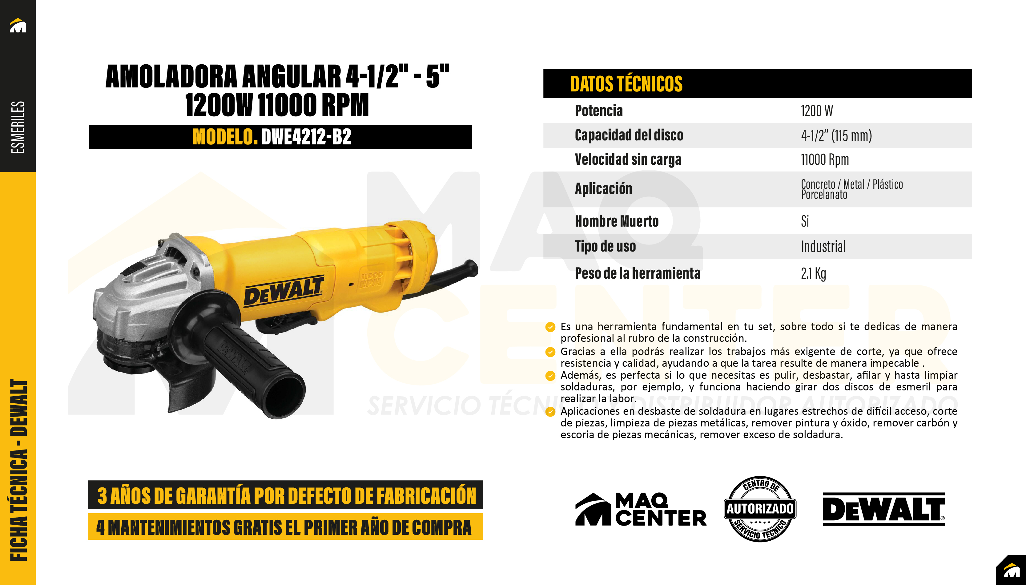 Esmeril Angular 4-1/2'' 1200W 11000 Rpm Dewalt DWE4212-B2 ...