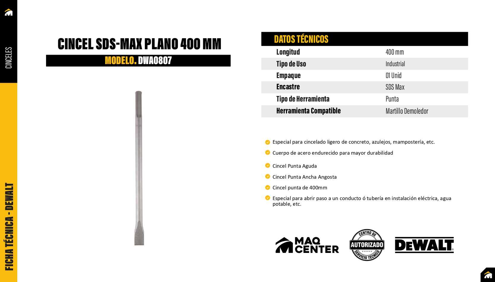 Cincel SDS-Max Plano 400 mm Dewalt DWA0807 | MaqCenterPerú | Tienda de ...