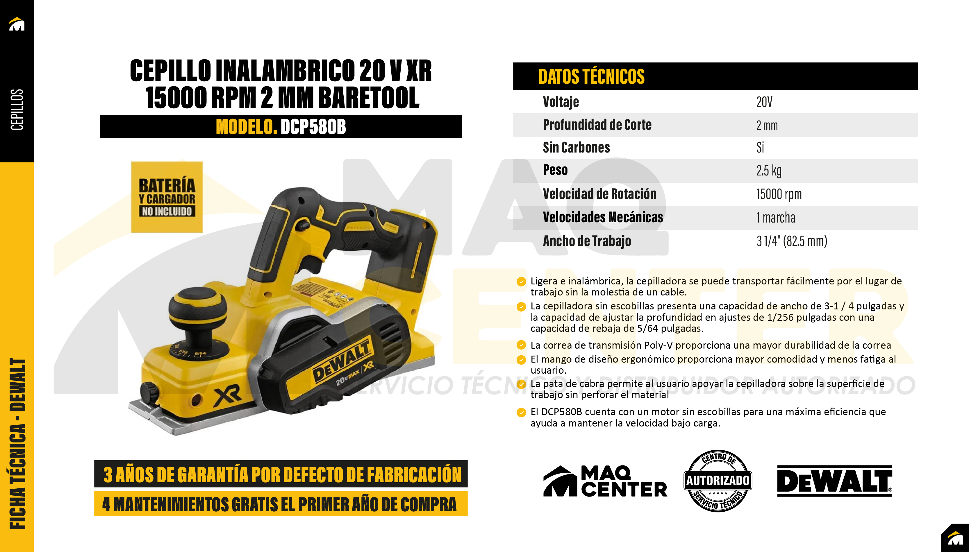 Cepillo Inalámbrico 20V Max Xr Brushless Dewalt DCP580B | MaqCenterPerú ...