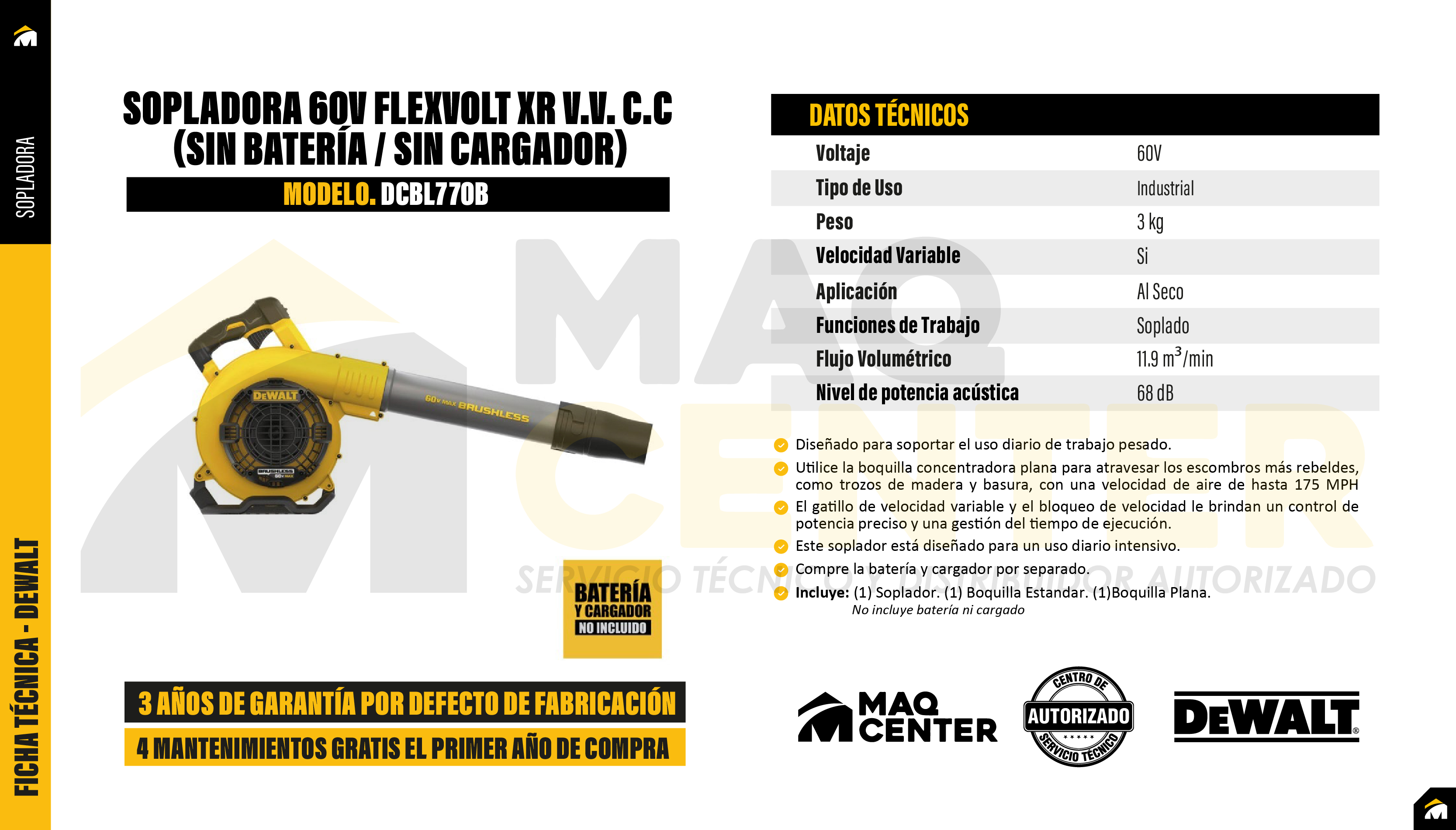 Soplador Inalámbrico 60V Max Flexvolt Dewalt DCBL770B | MaqCenterPerú ...