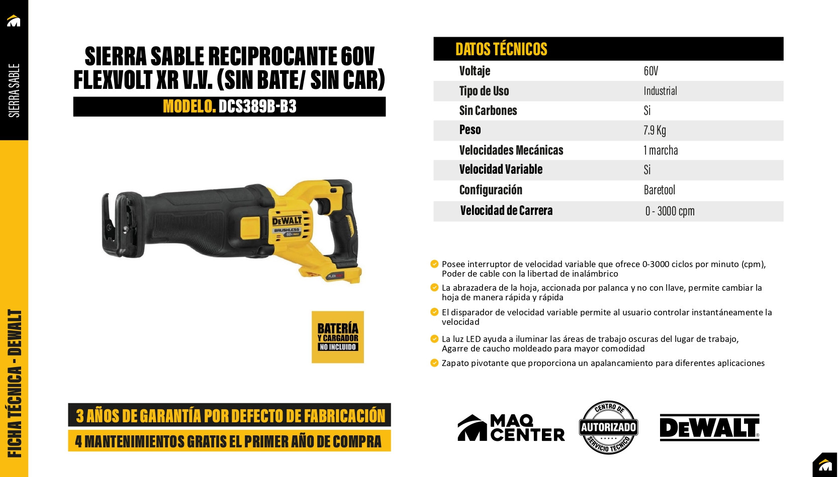Sierra Sable Reciprocante 60V Max Flexvolt Dewalt DCS389B-B3 ...