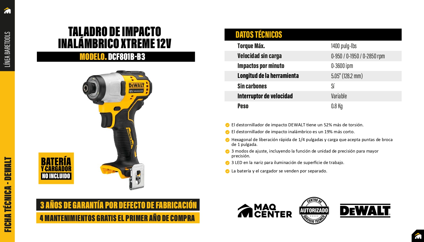 Taladro de Impacto Inalámbrico 1/4'' 12V Xtreme Dewalt DCF801B-B3 ...