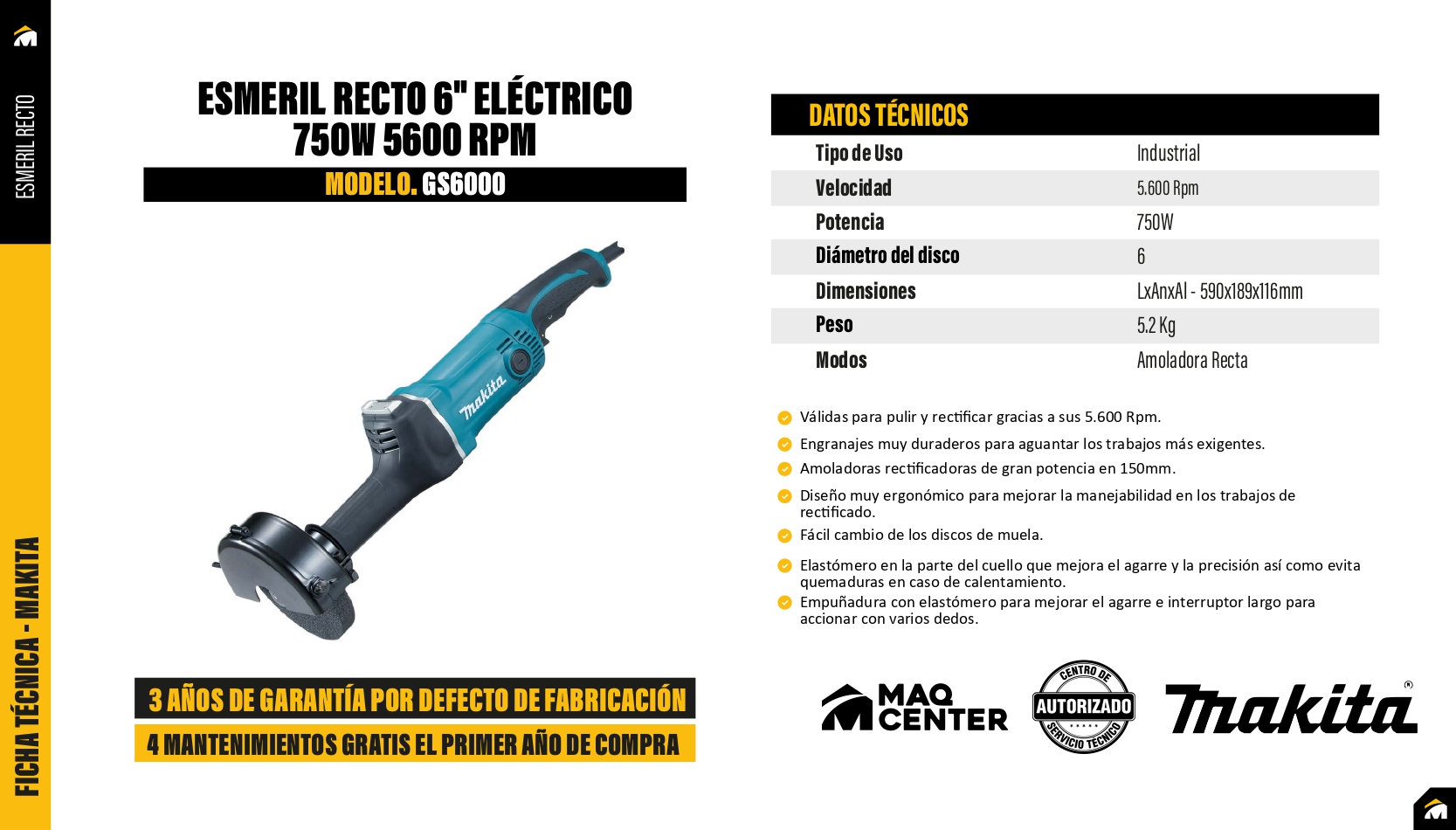Esmeril Recto 6" MAKITA GS6000 750w. 5600 RPM - 5.2 Kg | MaqCenterPerú ...