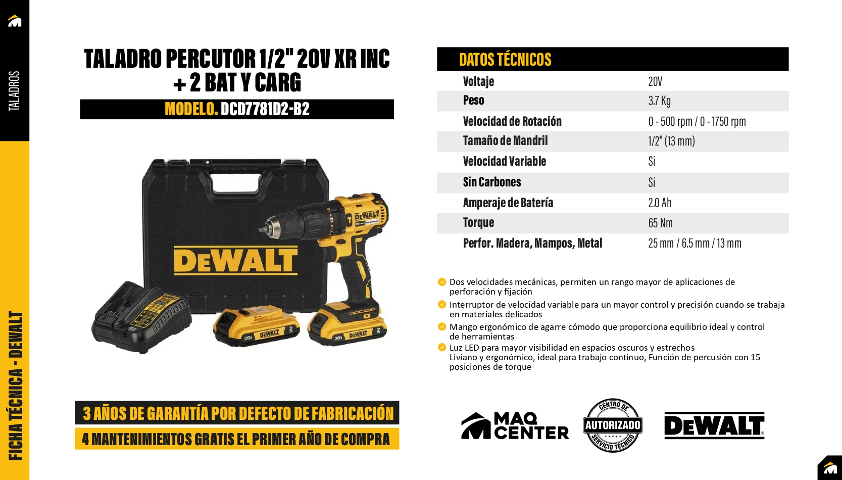 Taladro Percutor Inalámbrico 1/2” 20V Xr Inc 2Bat y Carg Dewalt ...