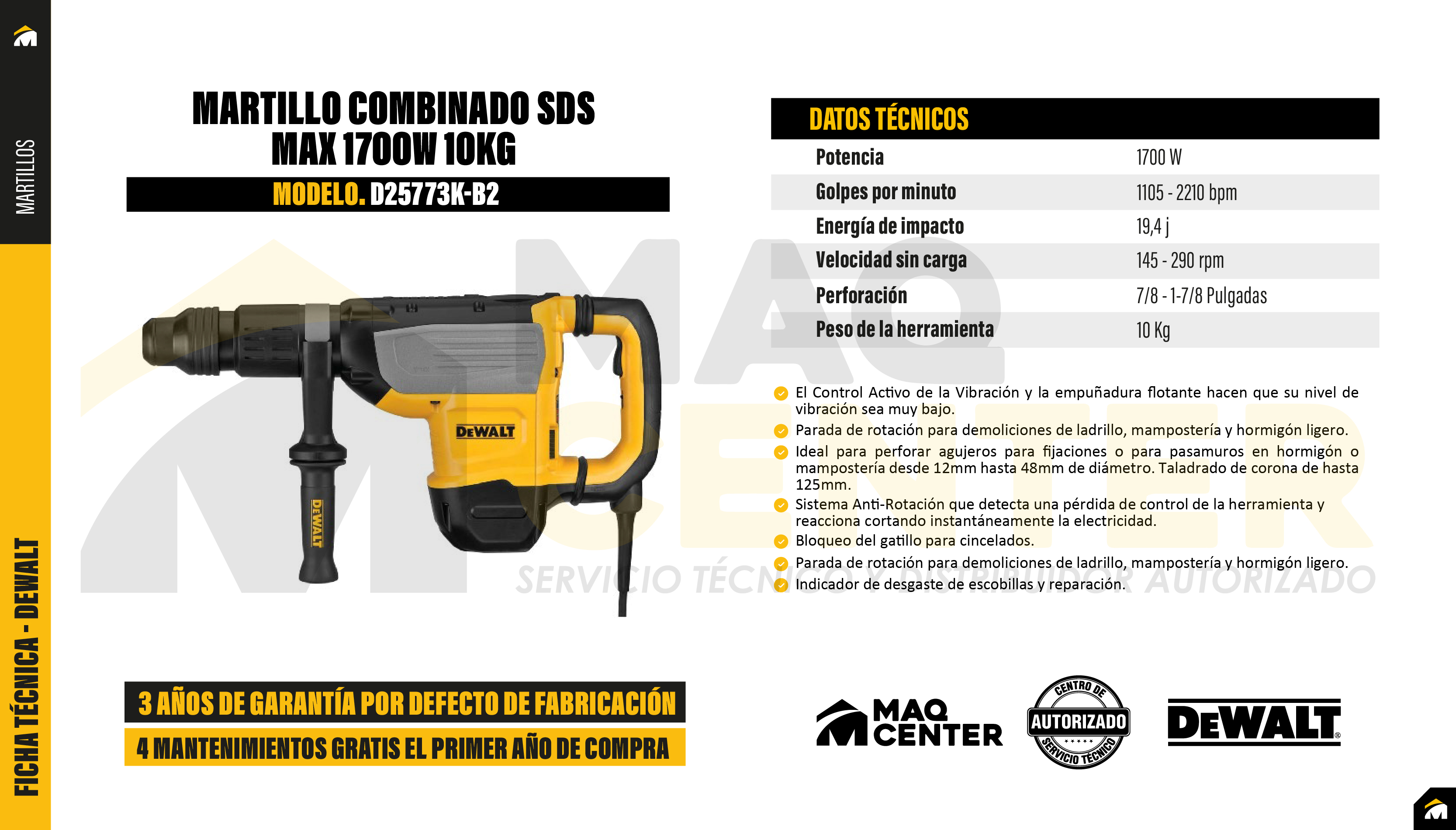 Rotomartillo SDS Max 1-3/4'' 1600W 9Kilos Dewalt D25733K-B2 ...