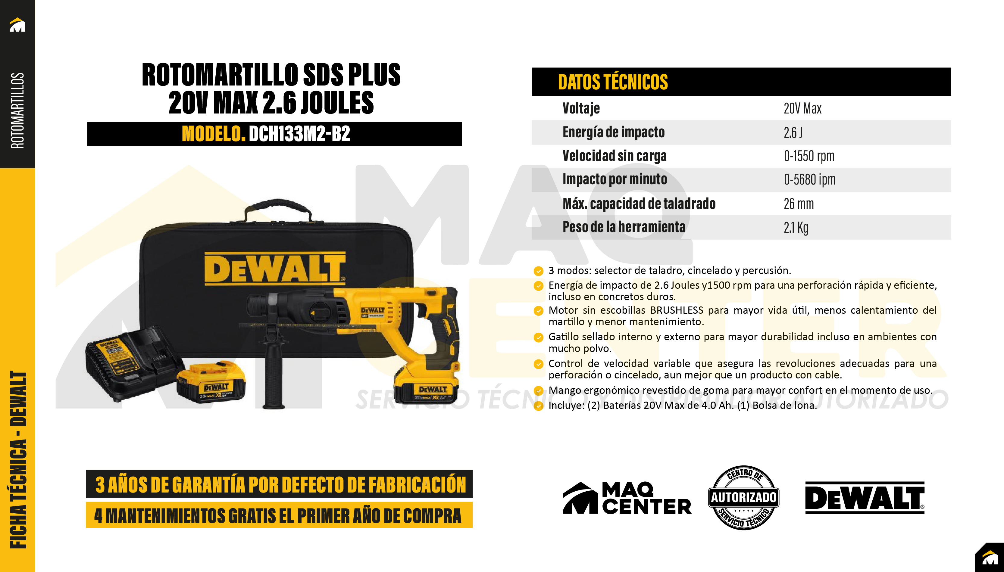 Rotomartillo Sds Plus 20V 2.6 J Inc 2 Bat y Carg Dewalt DCH133M2-B2 ...
