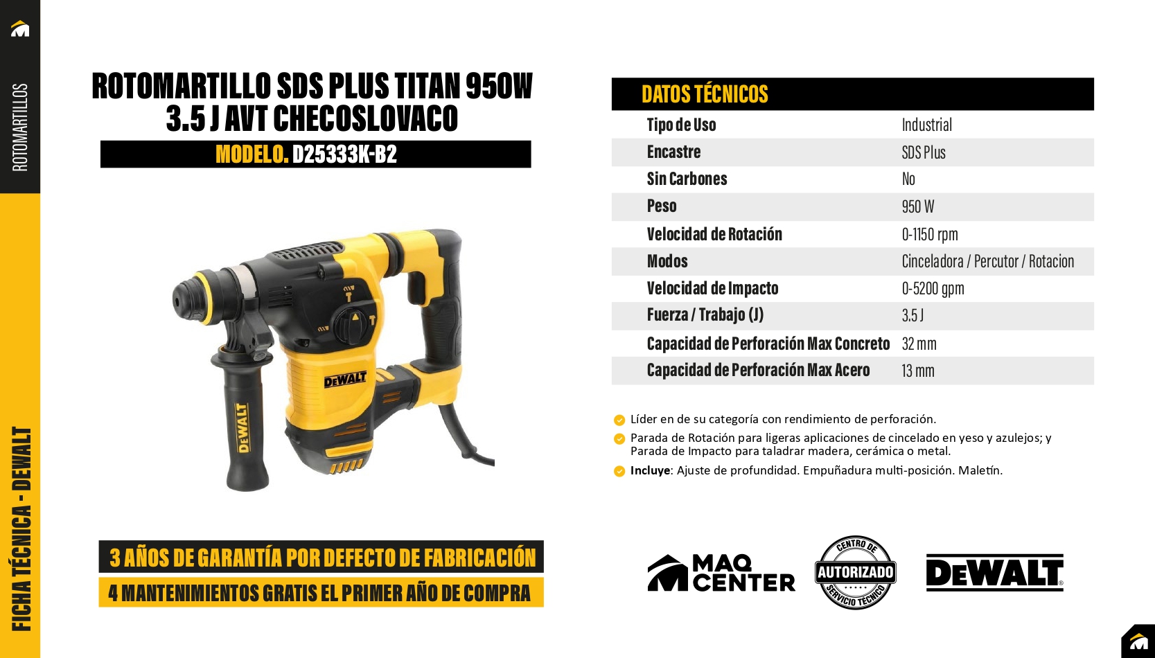 Rotomartillo Eléctrico SDS Plus 950W 3,5J Dewalt D25333K-B2 ...