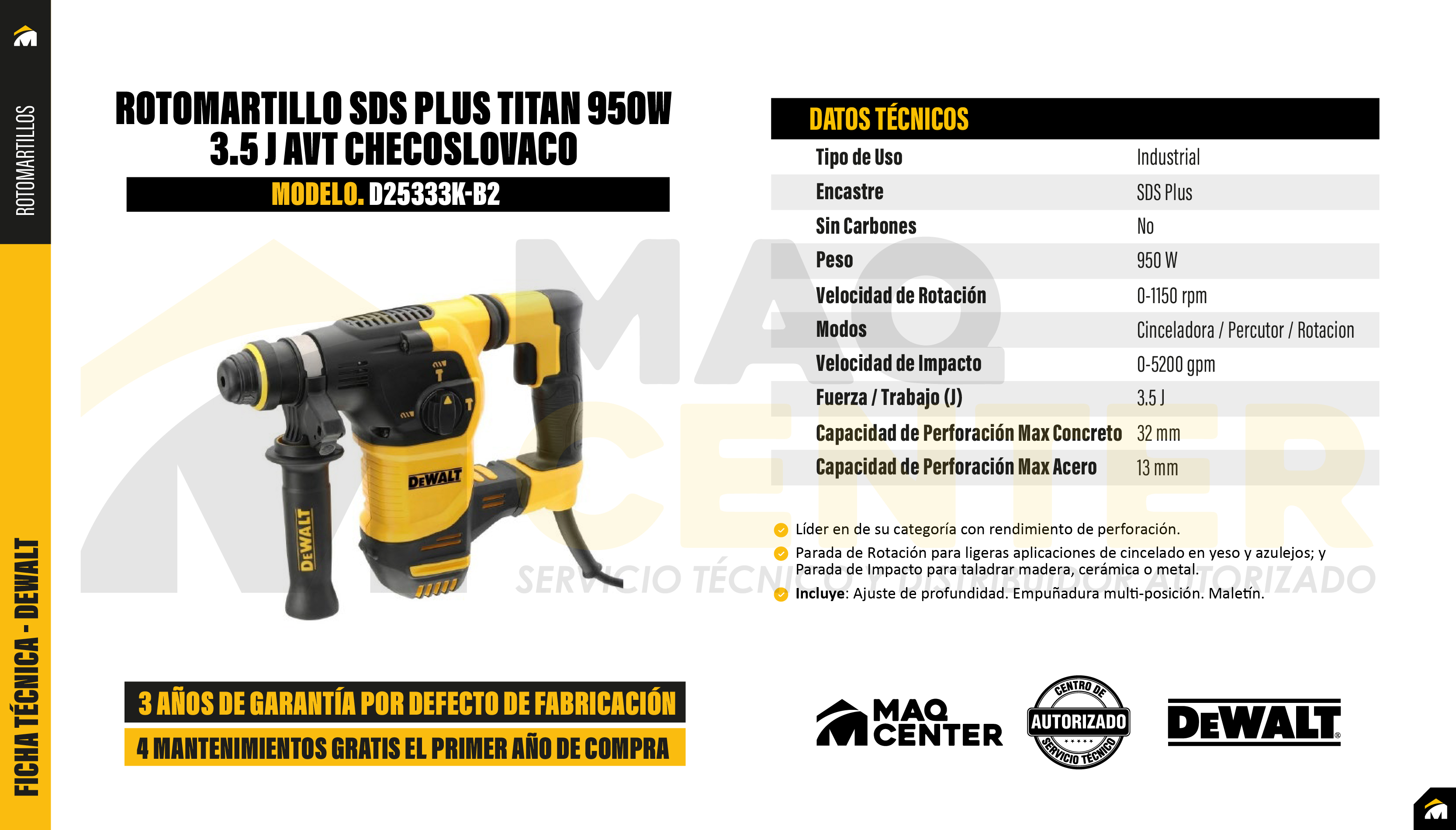 Rotomartillo Eléctrico SDS Plus 950W 3,5J Dewalt D25333K-B2 ...