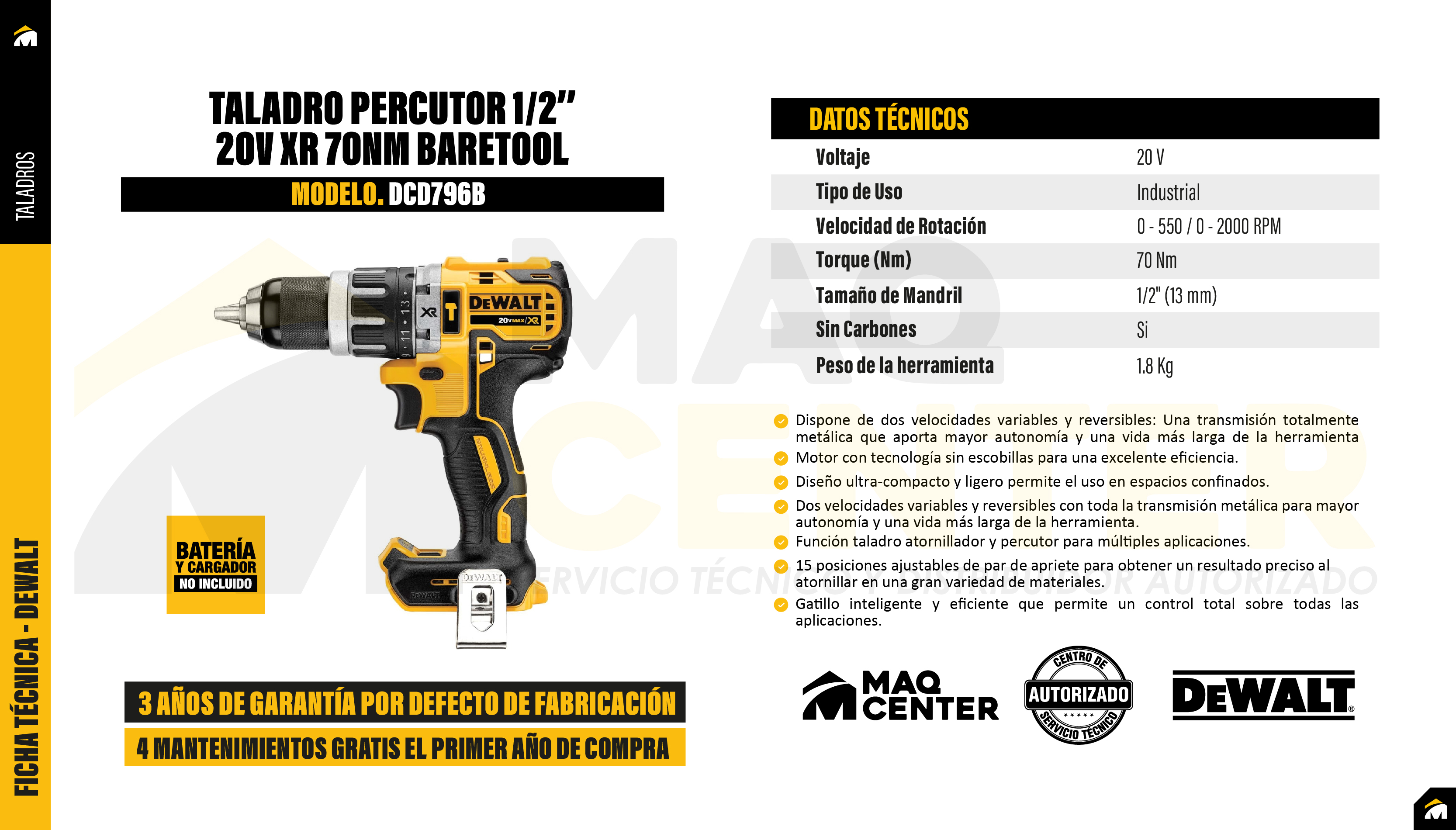 Taladro Percutor 1/2" 20V Xr 70Nm Baretool Dewalt DCD796B ...