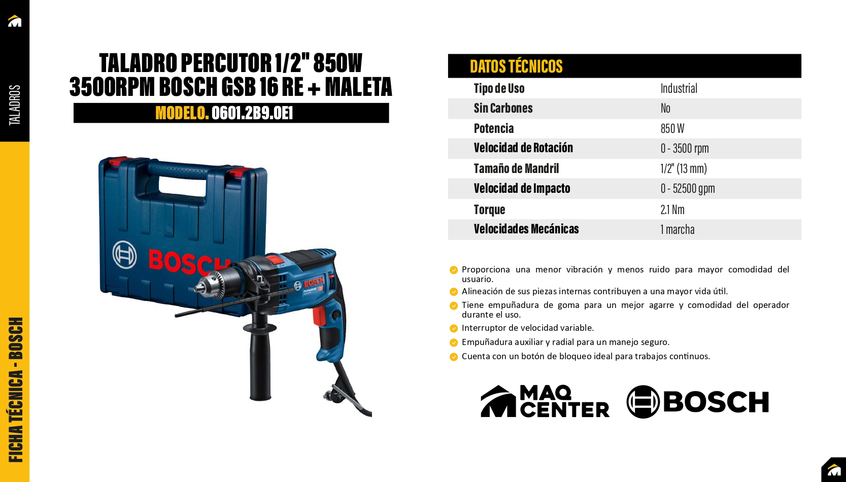 Taladro Percutor 1/2" 850W 3500Rpm Bosch GSB 16 RE + Maleta ...