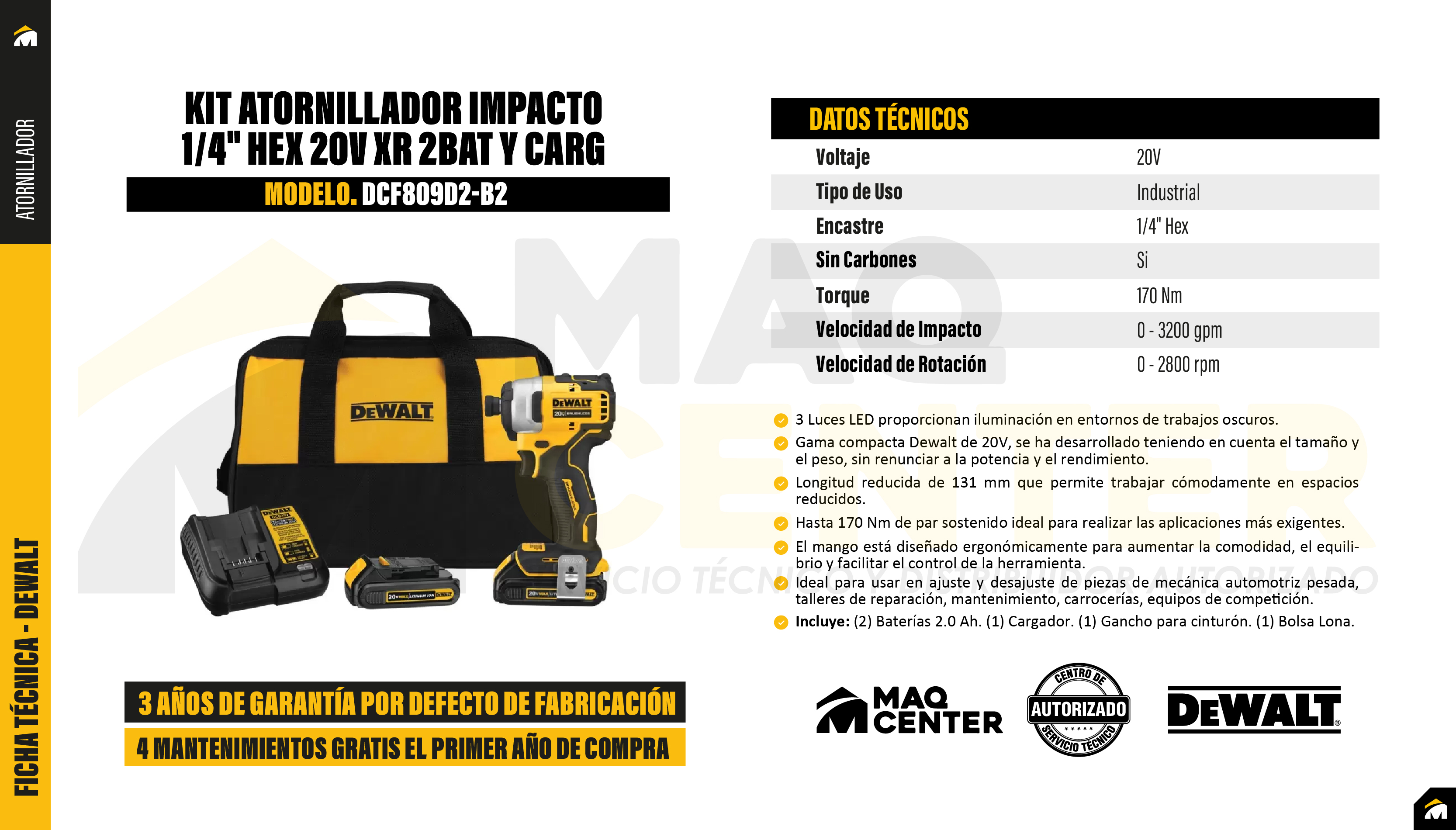 Atornillador de Impacto 1/4" 20V Xr 170Nm Dewalt DCF809D2-B2 | MaqCenterPerú | Tienda de ...