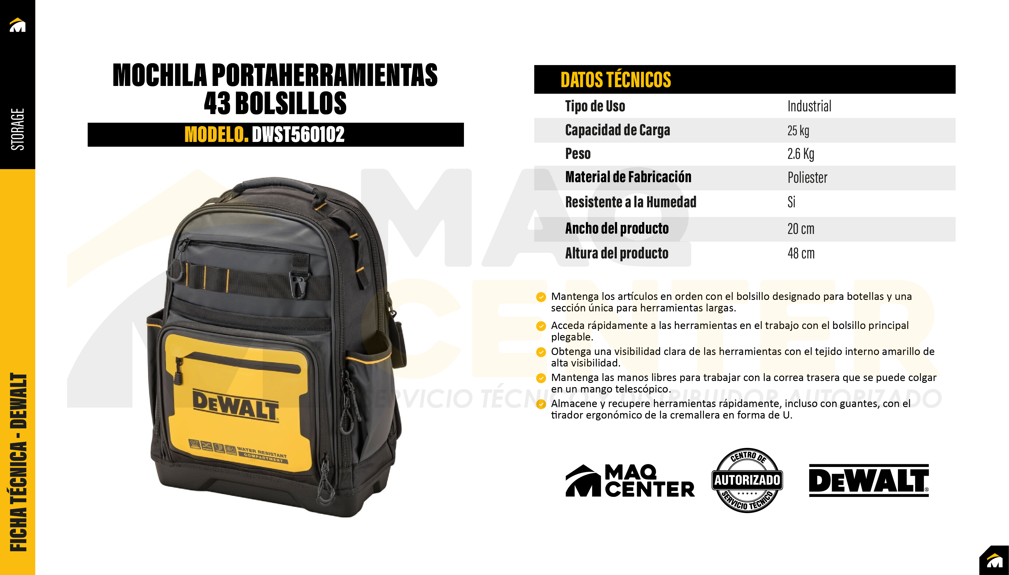 Mochila Portaherramientas PRO- 43 Bolsillos Dewalt DWST560102 ...