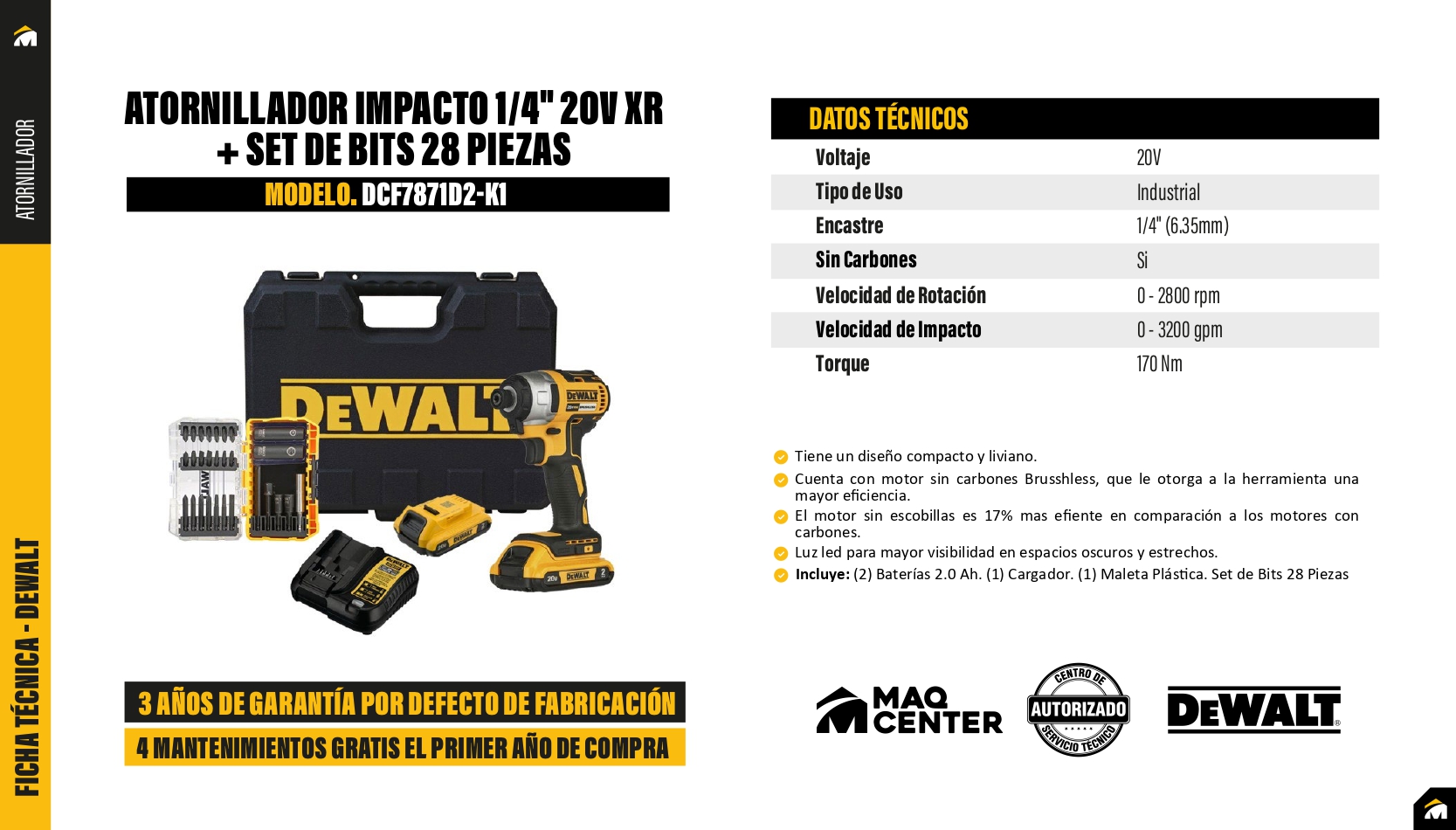 Atornillador de Impacto 1/4" 20V Xr 170 Nm + Set de Bits 28 Piezas Dewalt - DCF7871D2-K1 ...