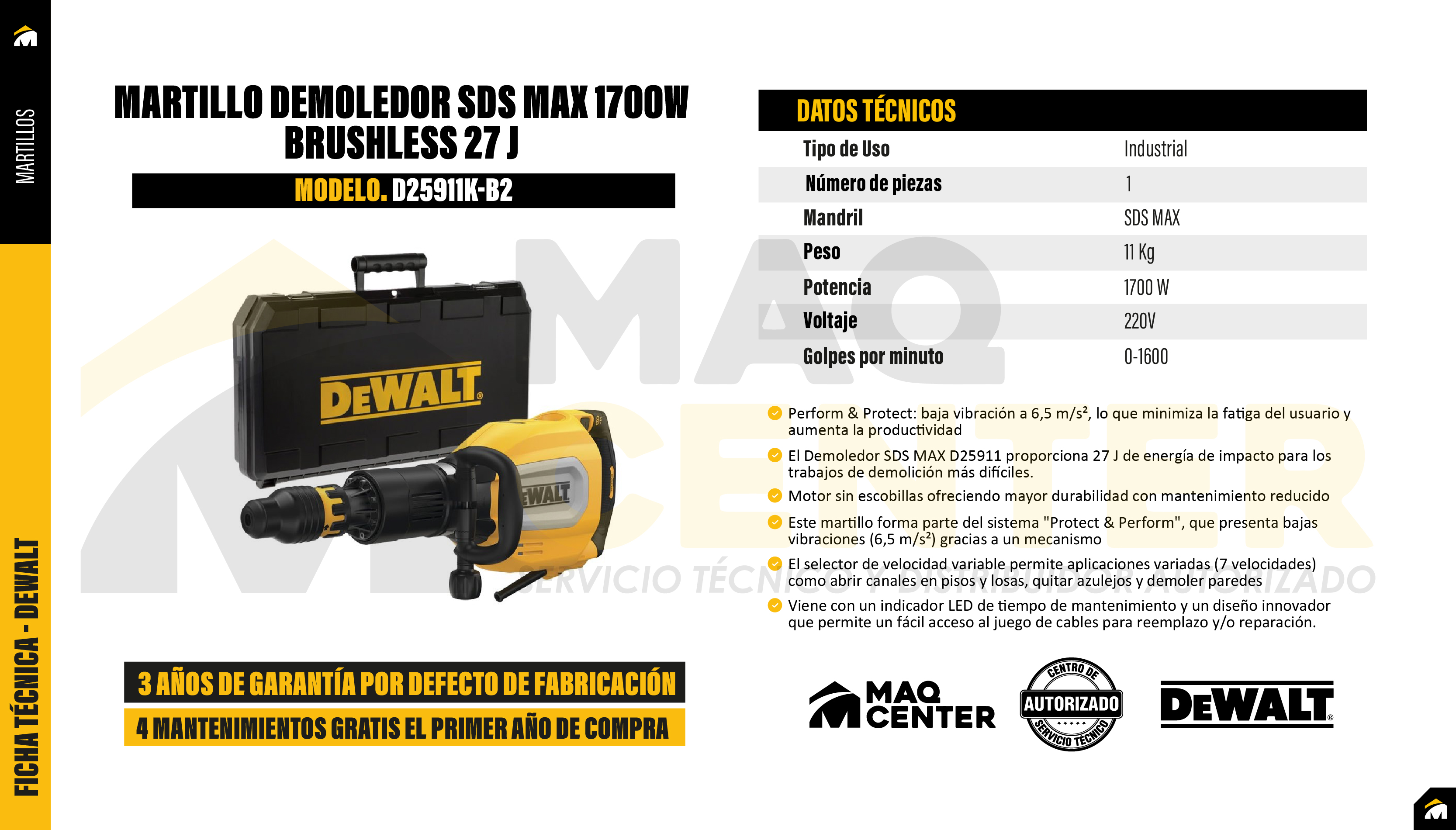 Martillo Demoledor SDS Max 1700W Brushless 27 J Dewalt D25911K-B2 ...