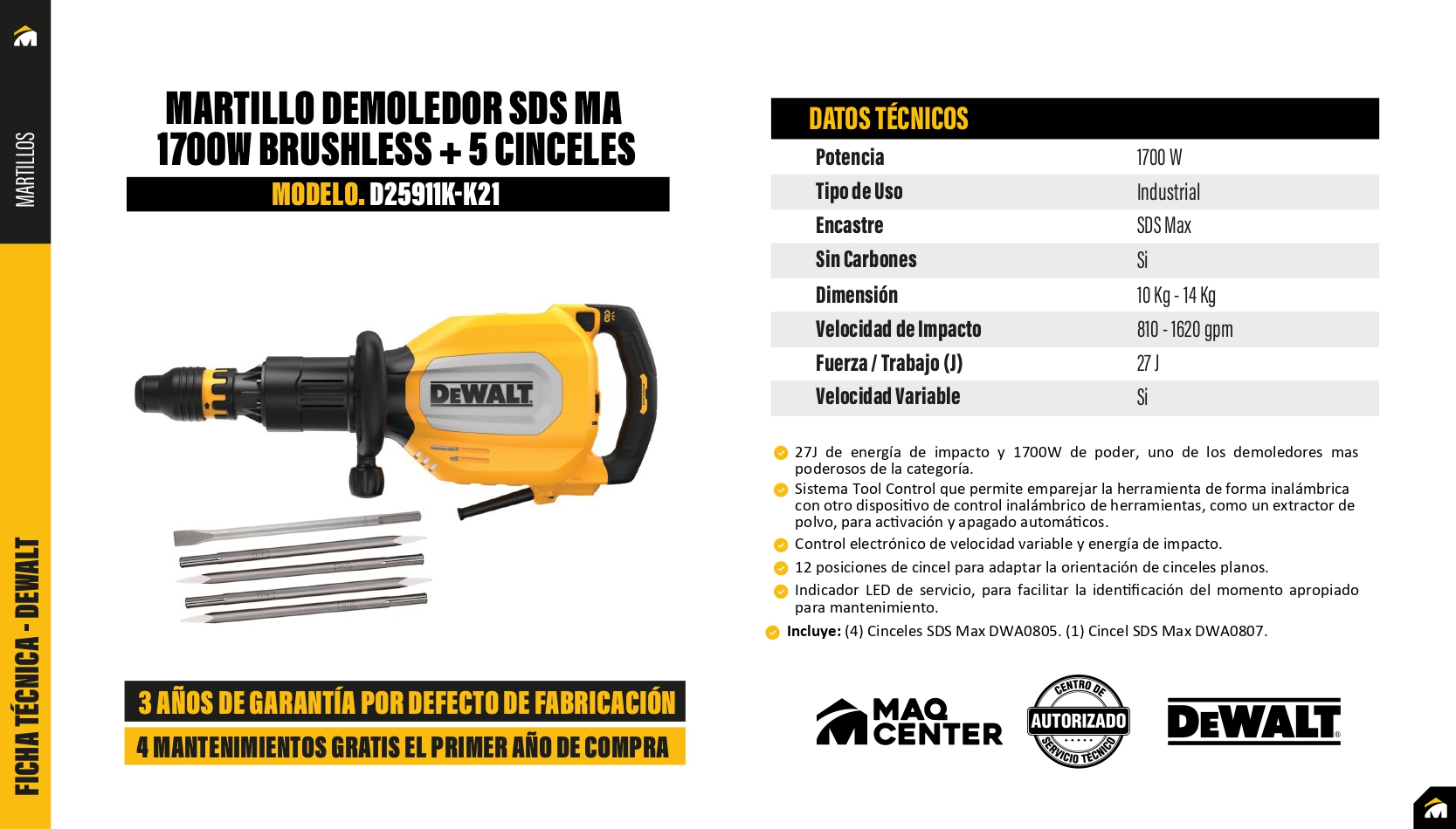 Martillo Demoledor SDS Max 1700W Brushless + 5 Cinceles Dewalt D25911K ...