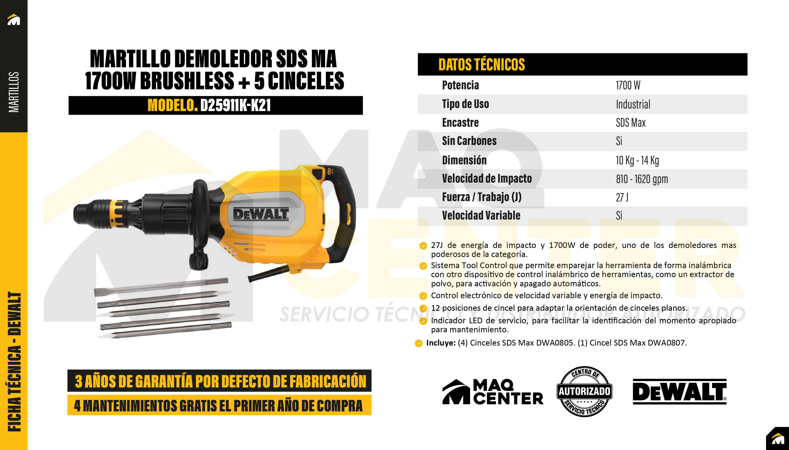 Martillo Demoledor SDS Max 1700W Brushless + 5 Cinceles Dewalt D25911K ...