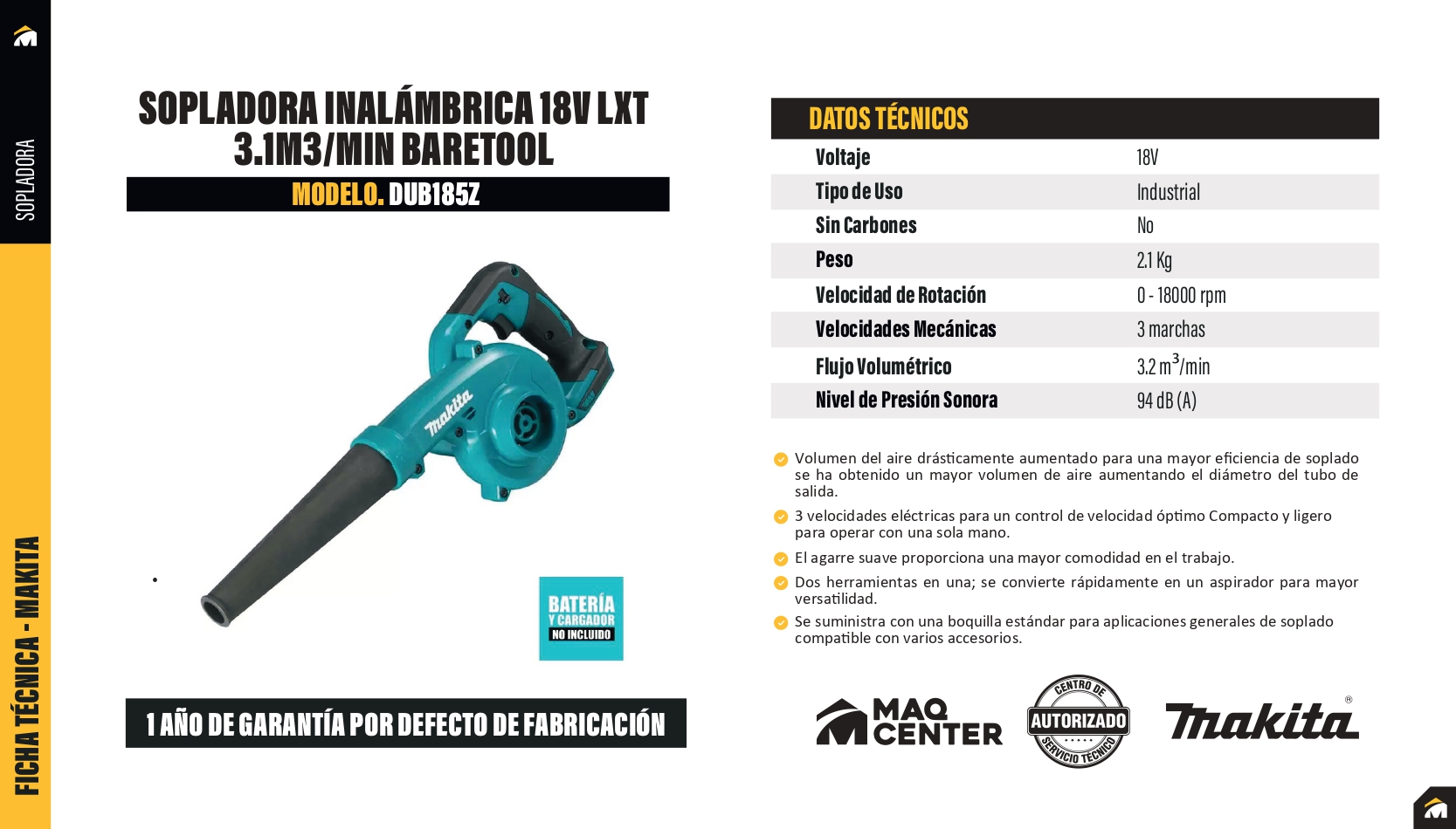 Sopladora Inalámbrica 18V LXT 3.1m3/min Baretool Makita DUB185Z | MaqCenterPerú | Tienda de ...