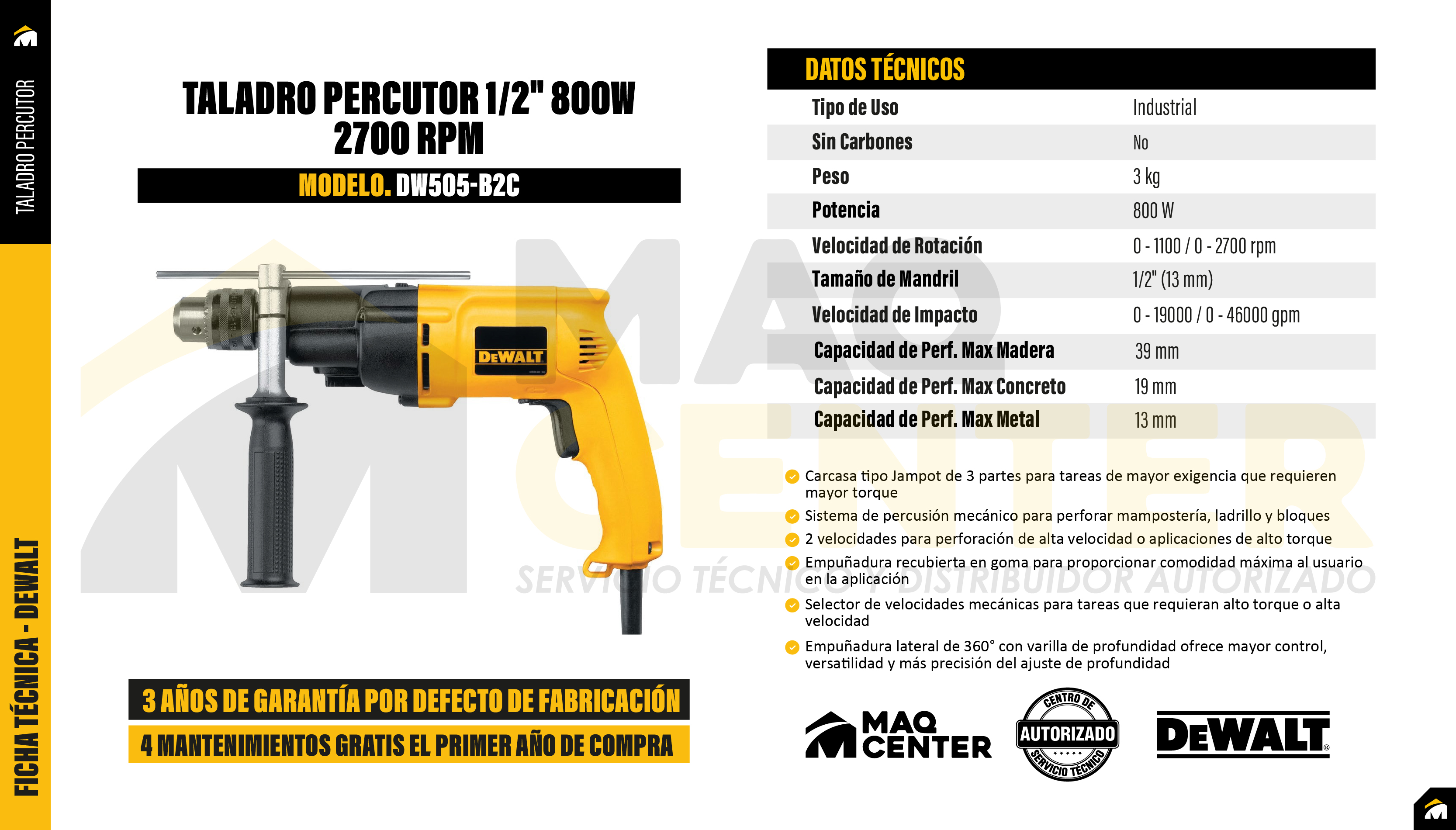 Taladro Percutor 1/2" Con Velocidades Mecánicas 800W Dewalt DW505-B2C ...