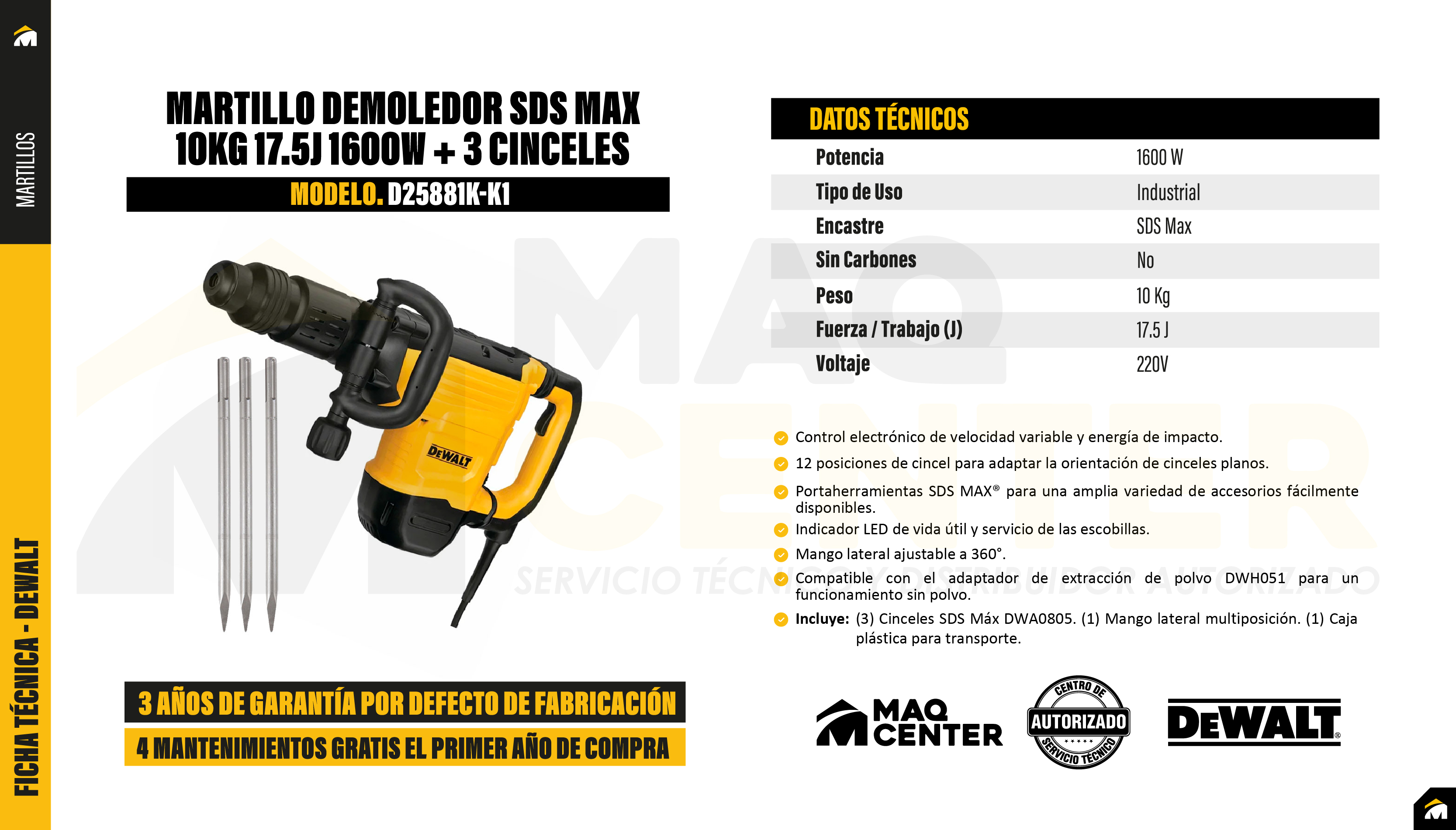 Martillo Demoledor SDS-Max 1600w +3 Puntas Dewalt D25881K-K1 ...
