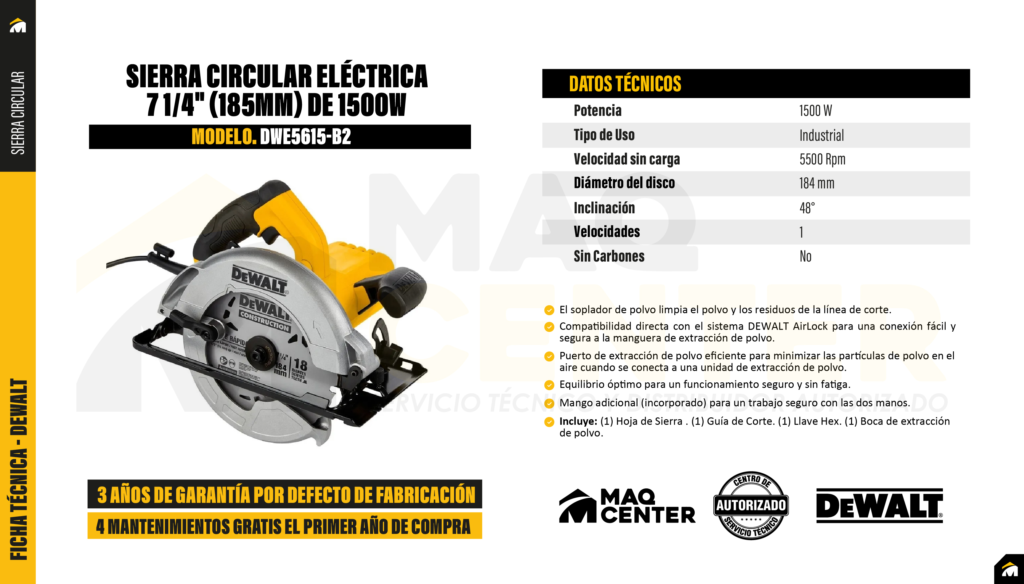 Sierra Circular 7 1/4" (184 mm) 1500W 65mm Dewalt DWE5615-B2 ...