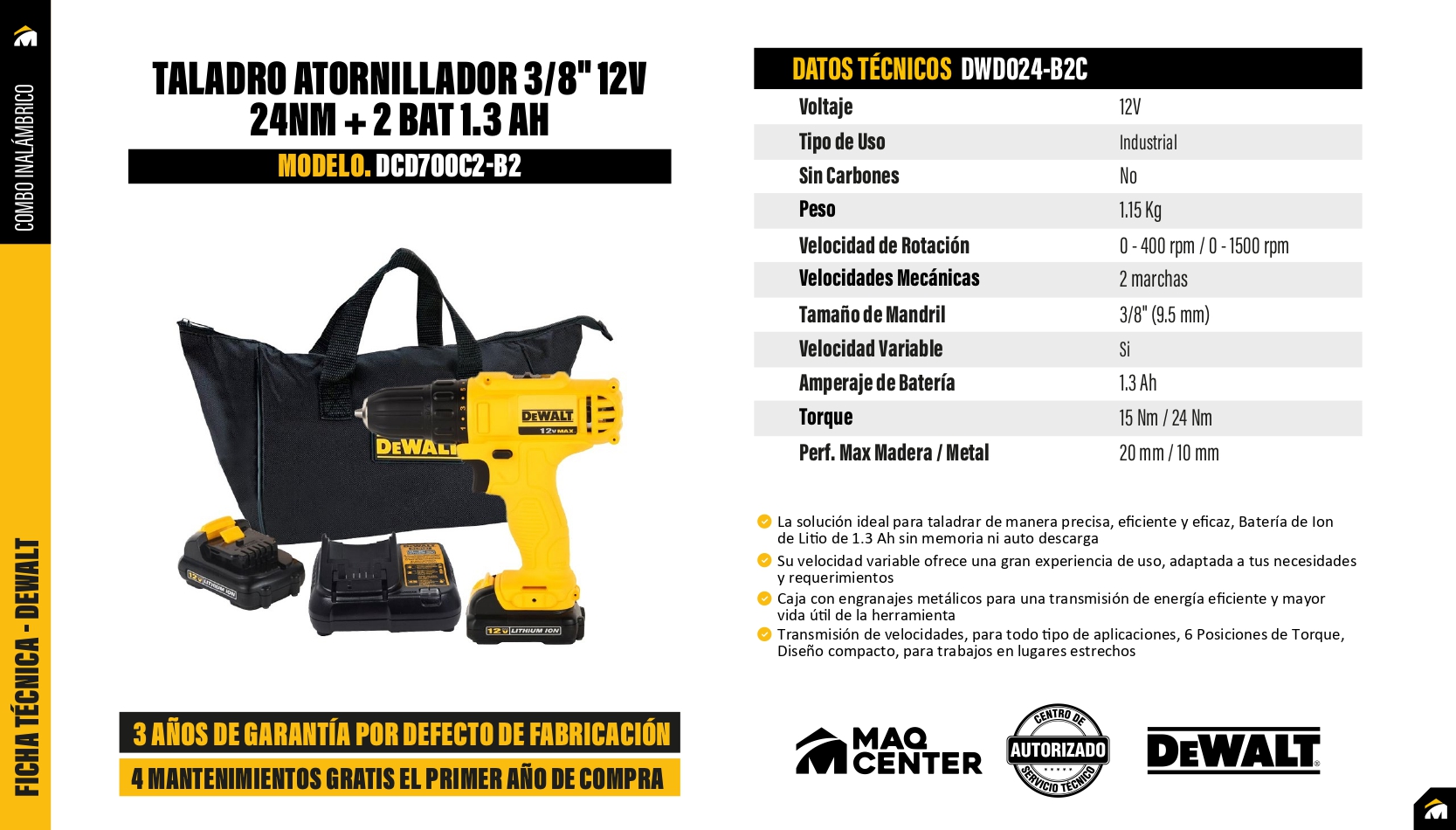 Taladro Atornillador Inalámbrico 3/8'' 12V Dewalt DCD700C2-B2 ...
