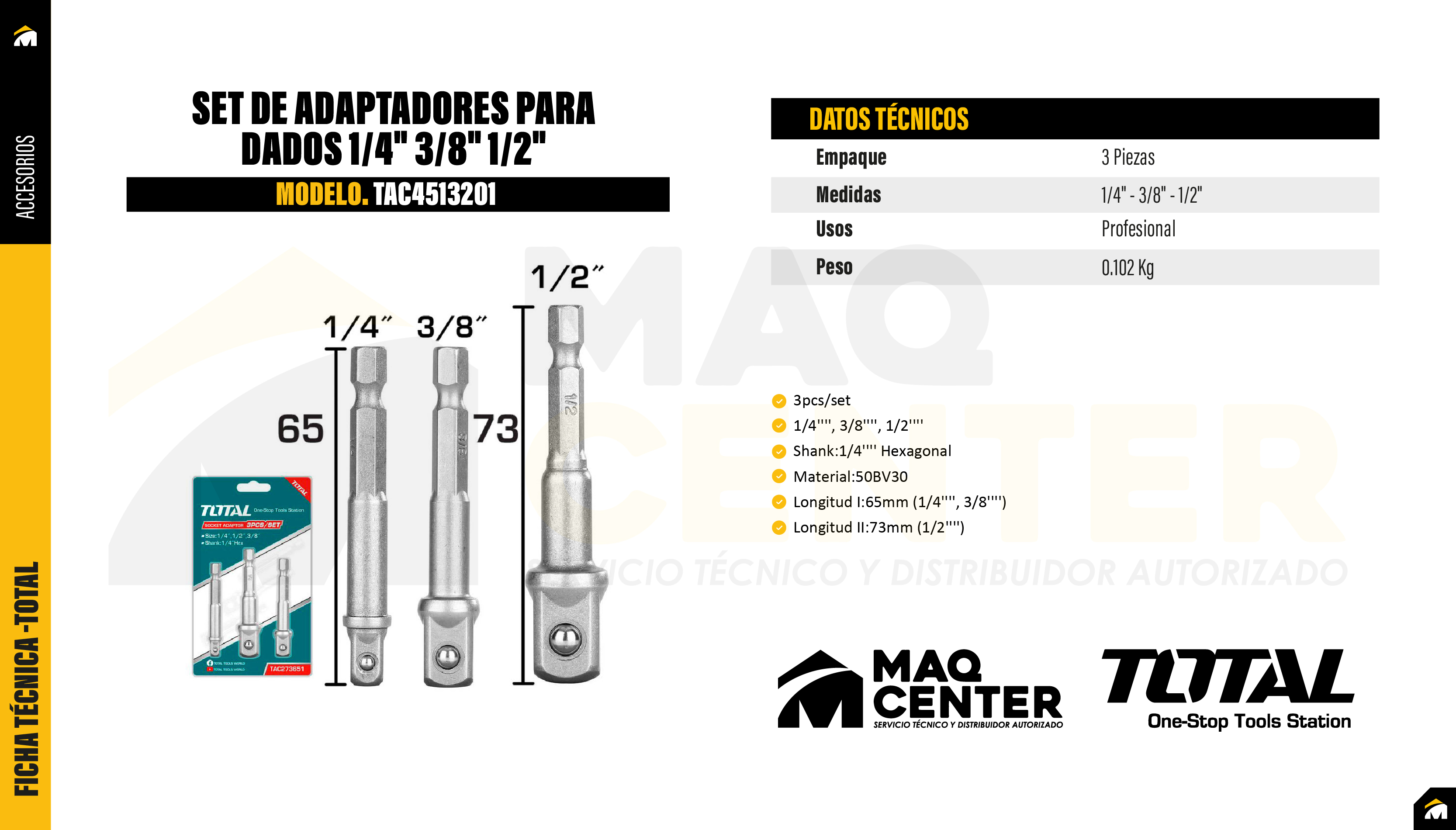 Set de Adaptadores Para dados 1/4" 3/8" 1/2" Total TAC273651 ...
