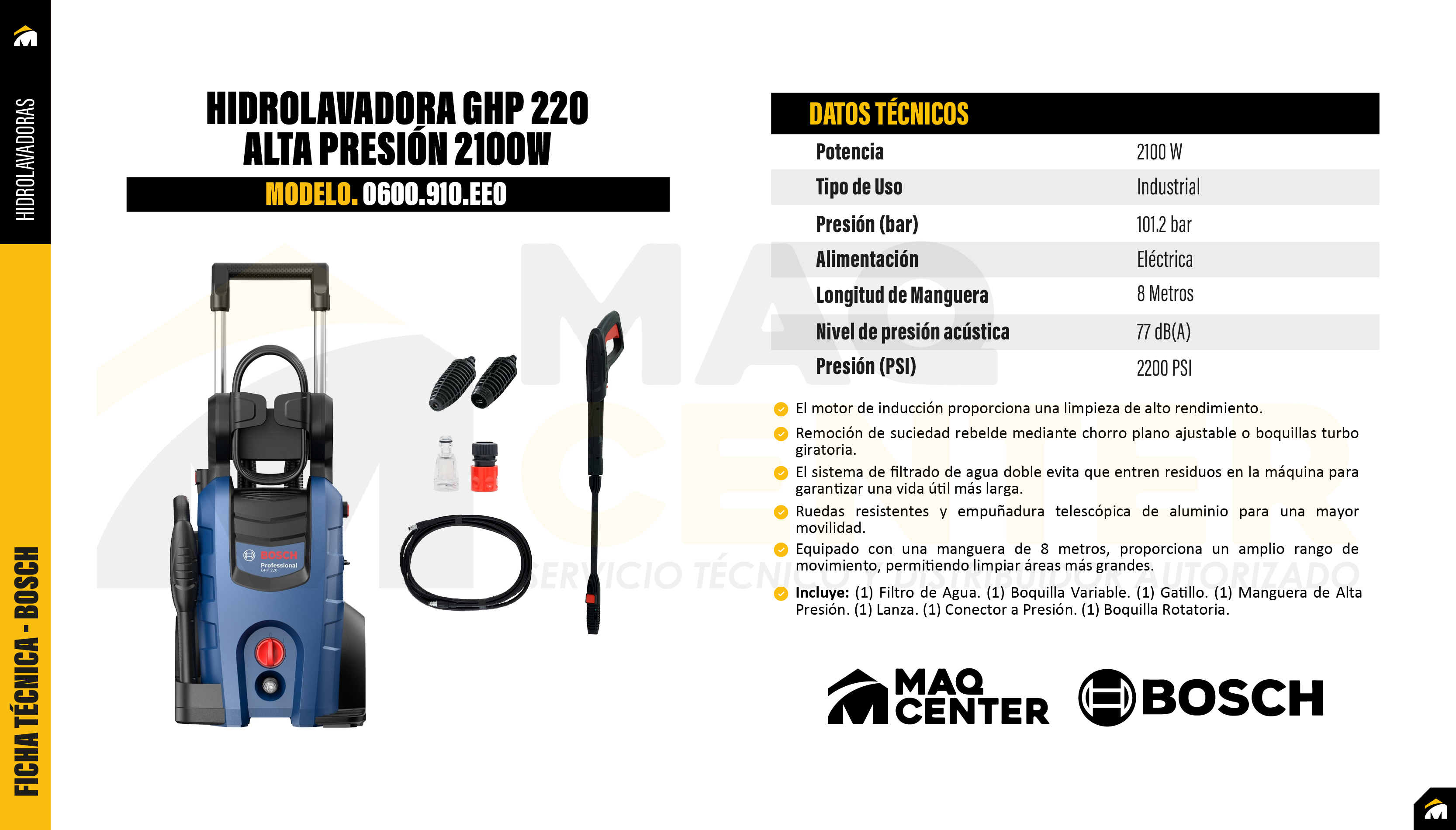 Hidrolavadora GHP 220 Alta Presión 2100W Bosch 0600.910.EE0 | MaqCenterPerú | Tienda de ...