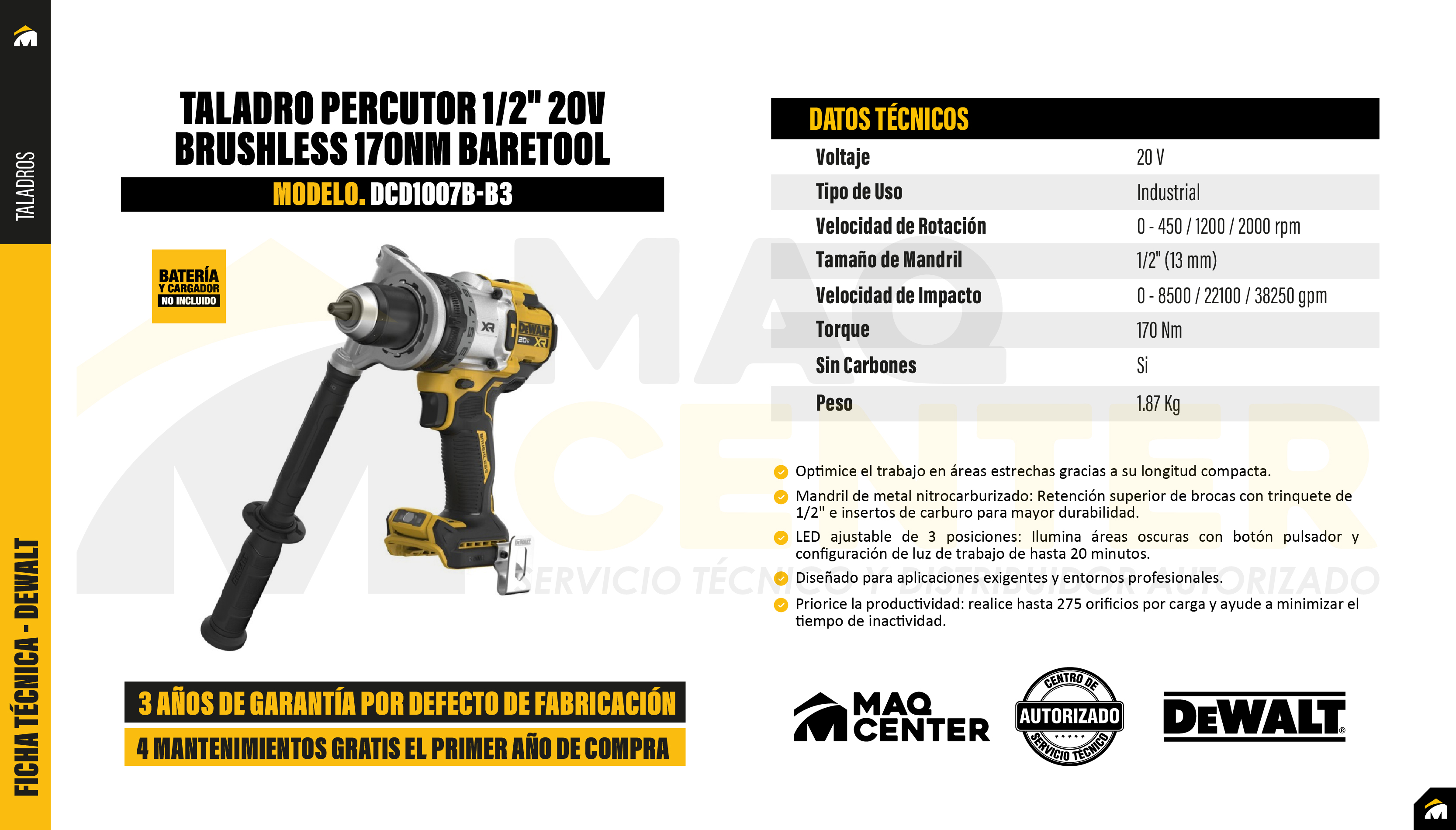 Taladro Percutor 1/2'' 20V XR 170Nm Baretool Dewalt DCD1007B ...