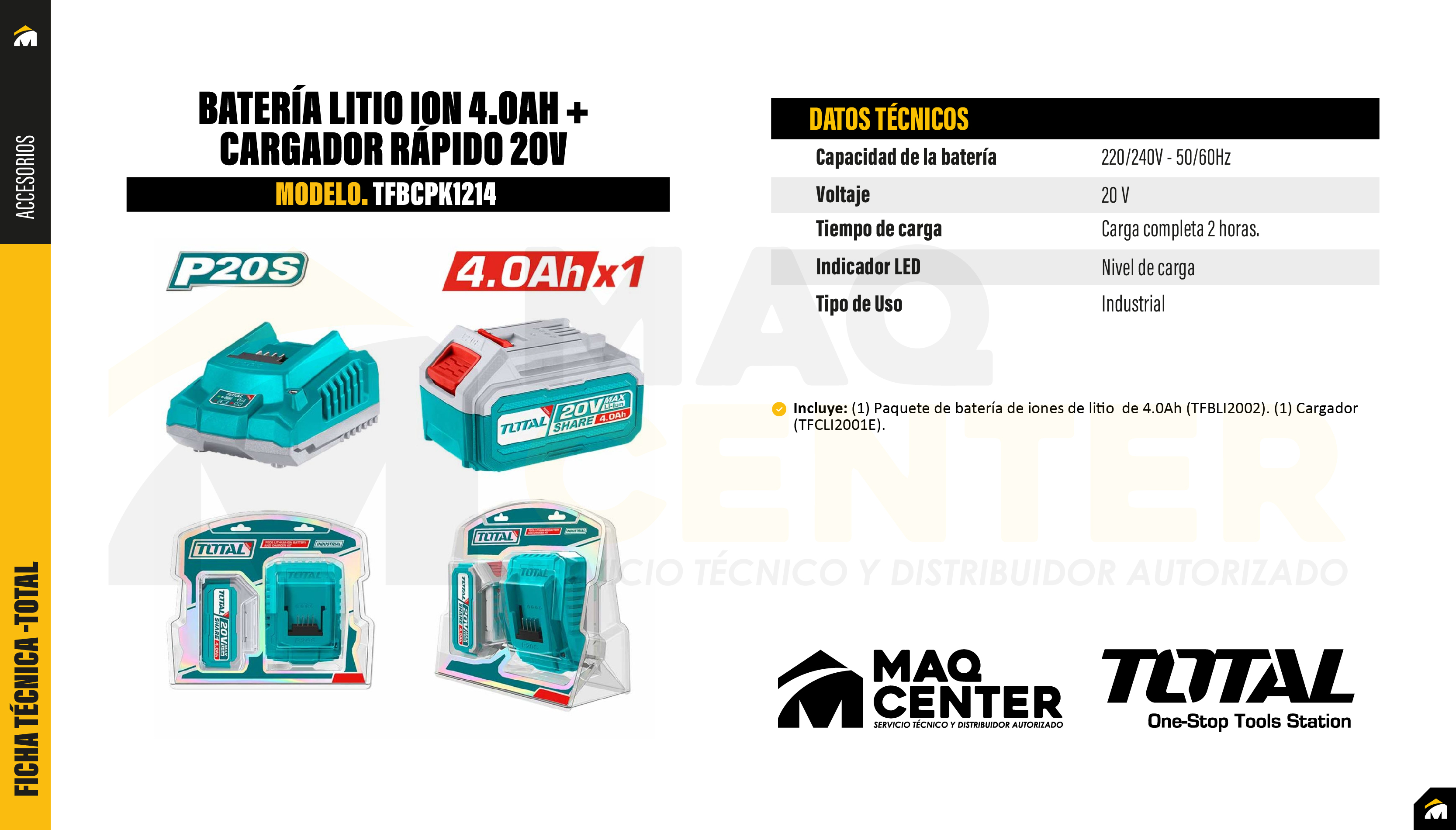 Kit Batería 4.0 Ah + Cargador Industrial Total TFBCPK1214 ...