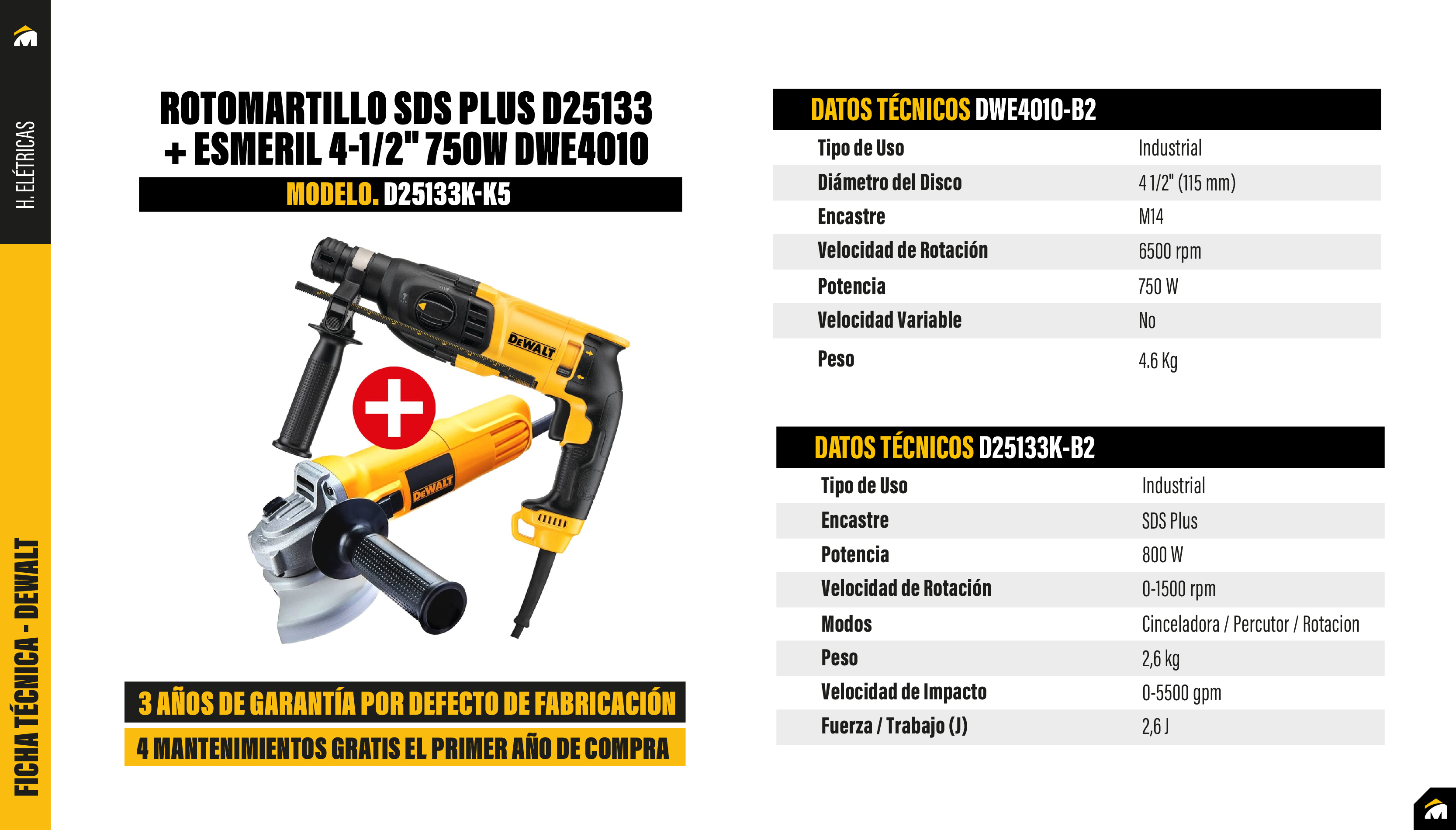 Rotomartillo SDS Plus 800w + Esmeril 4-1/2'' 750w Dewalt D25133K-K5 | MaqCenterPerú | Tienda de ...