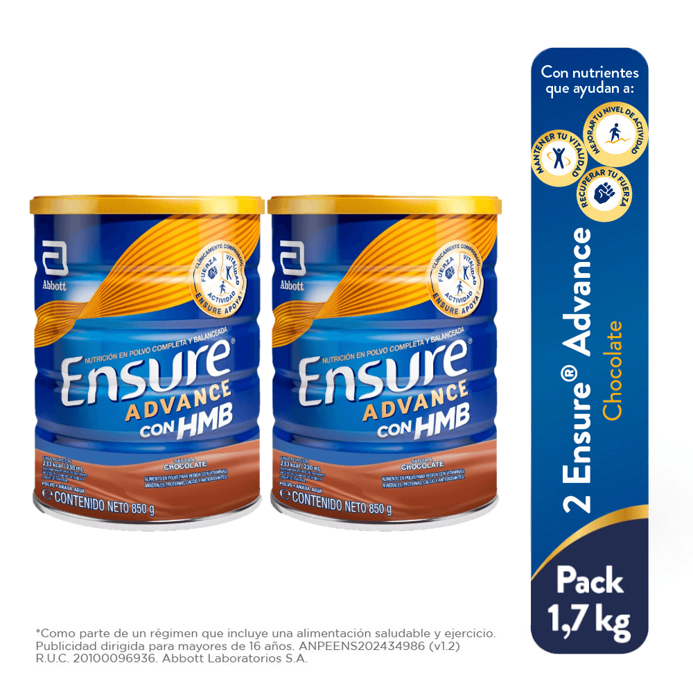 Ensure Advance con HMB Sabor Chocolate Lata 850gr Pack 2und | Eco Ahorro