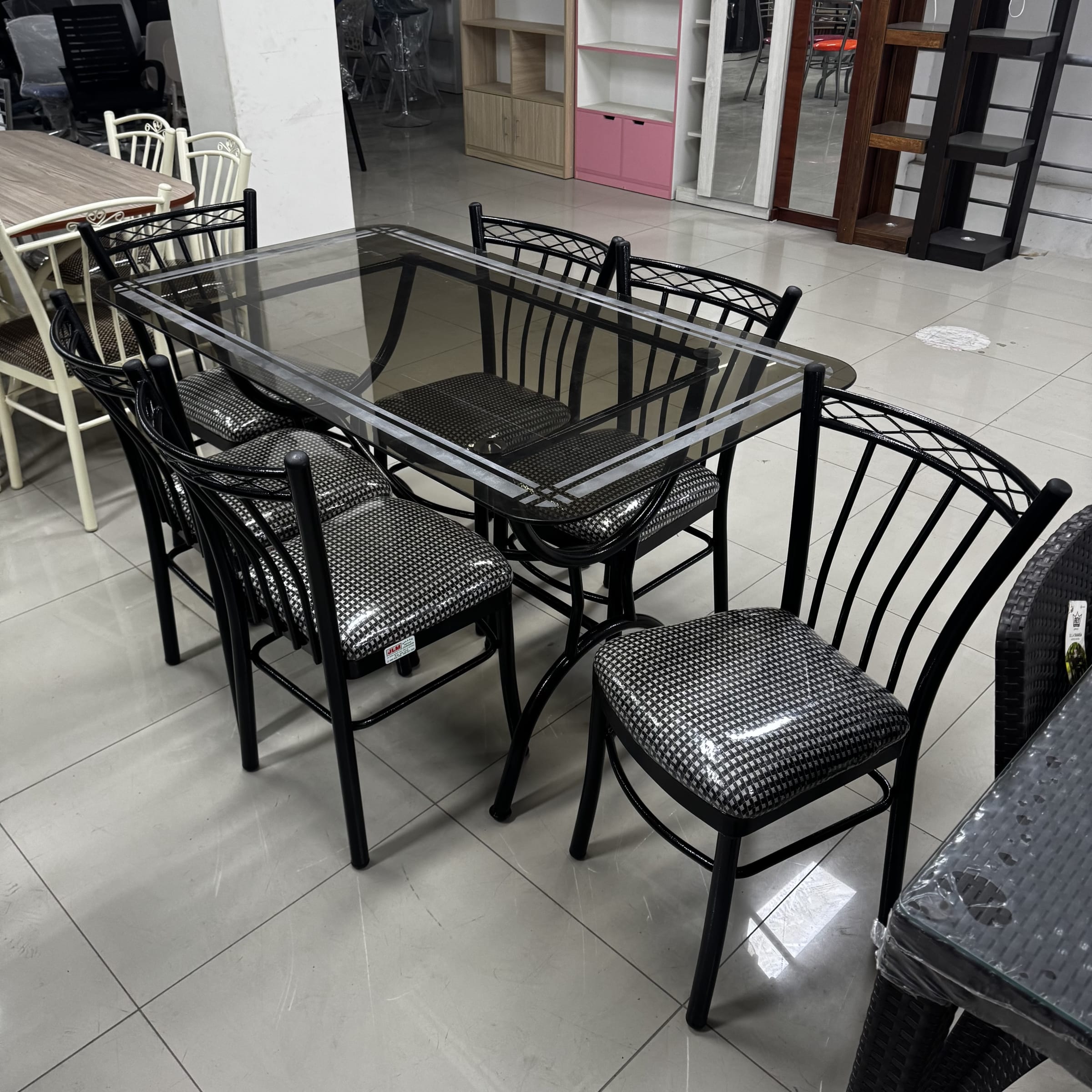 COMEDOR METAL RECTANGULAR 6 SILLAS TOÑITA BASE COPA NEGRO MESA VIDRIO ...