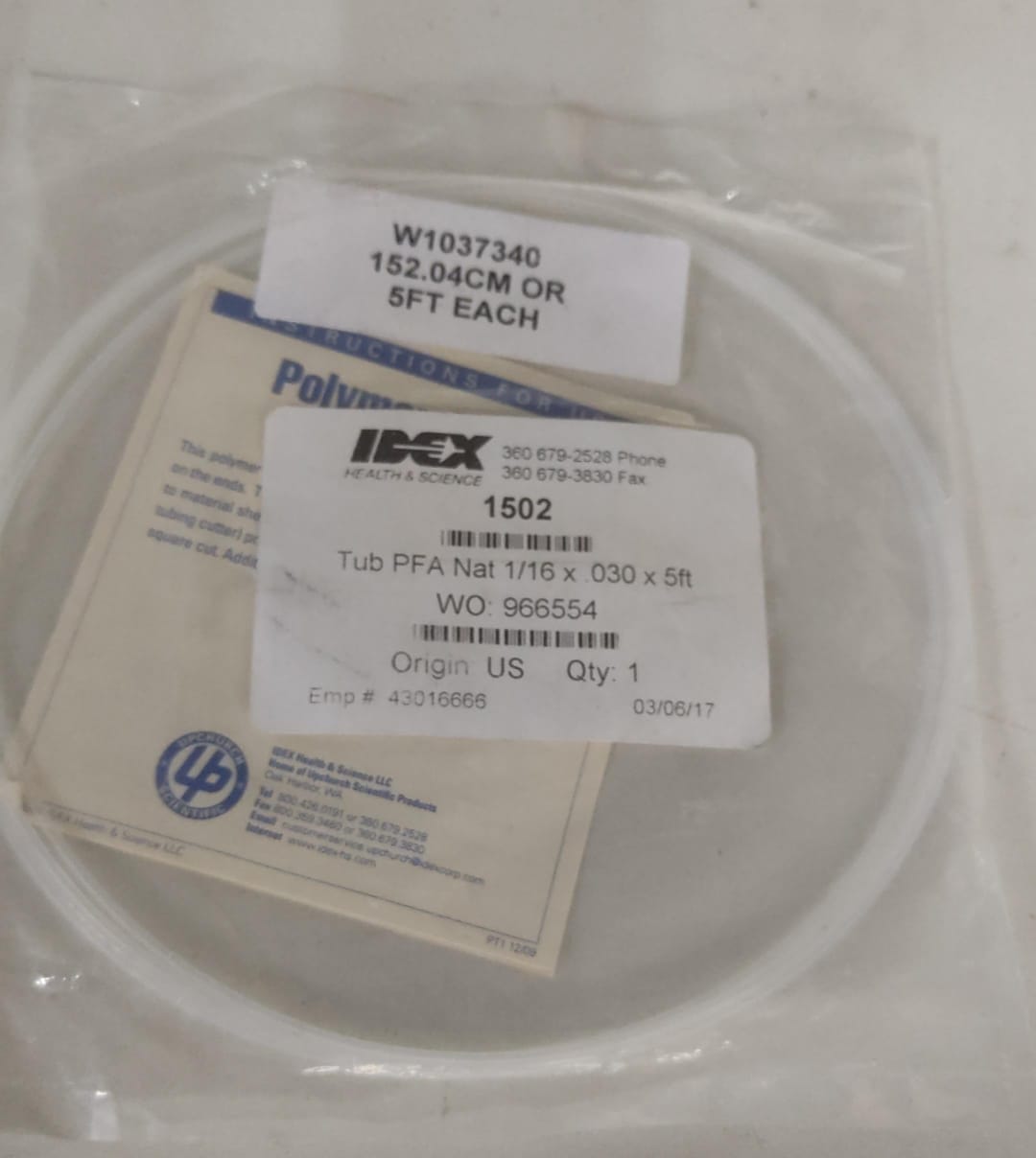 PFA Tubing Natural 1/16" OD x .030" ID x 5ft (INC IGV) | Envirotechlab