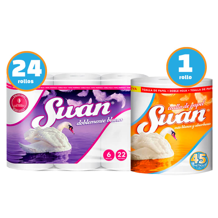 Pack 24 Rollos Papel Higiénico Swan 22Mt + 1 Rollo de Toalla de Papel Swan 45 Mt. | Super Costo ...