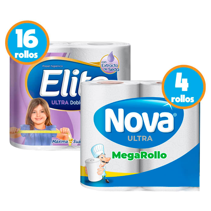 Pack 16 rollos Elite Papel Higiénico 50mts + 4 rollos Nova Ultra Mega ...
