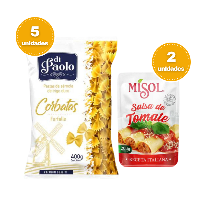 Pack 5 Paq. Pasta Corbatas 400gr + 2 Salsas de tomate Italiana 200gr ...