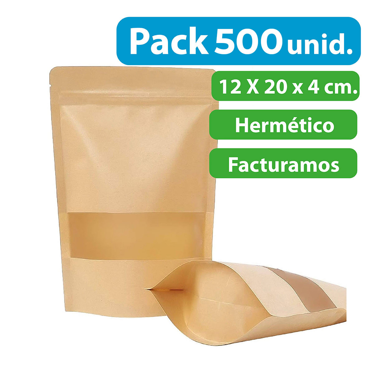 PACK 500 UNIDADES DOYPACK CON VENTANA TRANSPARENTE 12X20X4 CM | Cuuk.cl