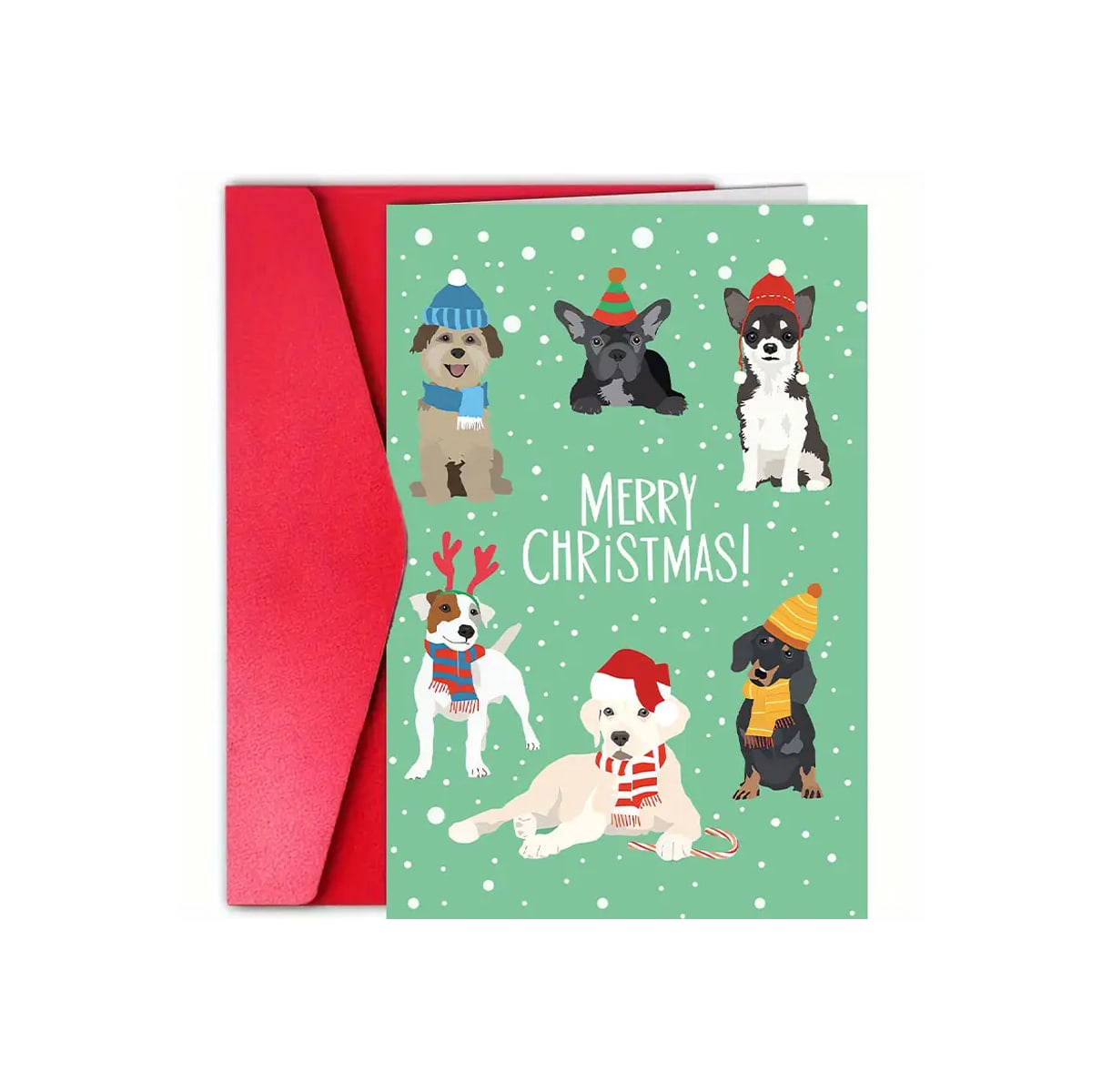 Tarjeta de Navidad en fondo verde con diseño de perritos ¨Merry ...