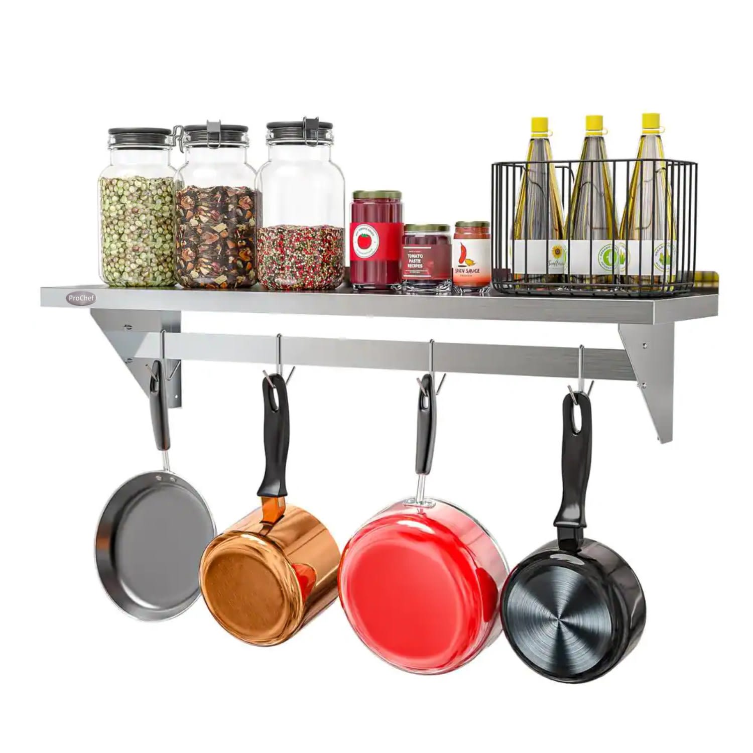 Repisa Mural 120x30 cm Acero Inoxidable con Colgadores de Ollas | ProChef