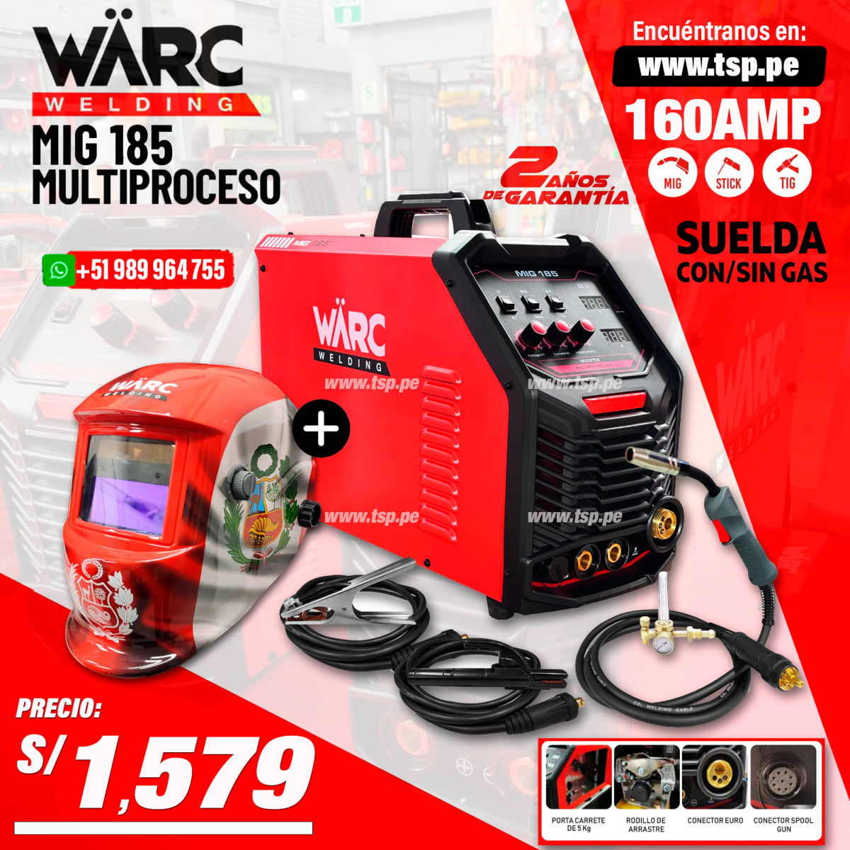 SOLDADORA INVERTER MIG 160A MULTIPROCESO WARC MIG185 | TSP MAQUINARIAS ...