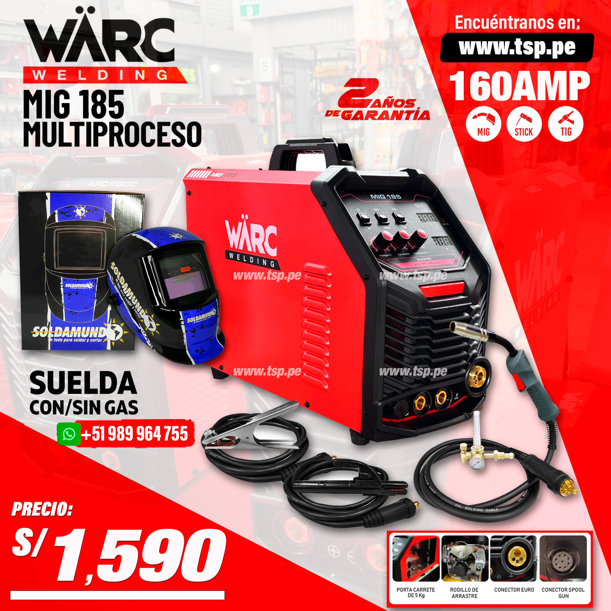 SOLDADORA INVERTER MIG 160A MULTIPROCESO WARC | TSP