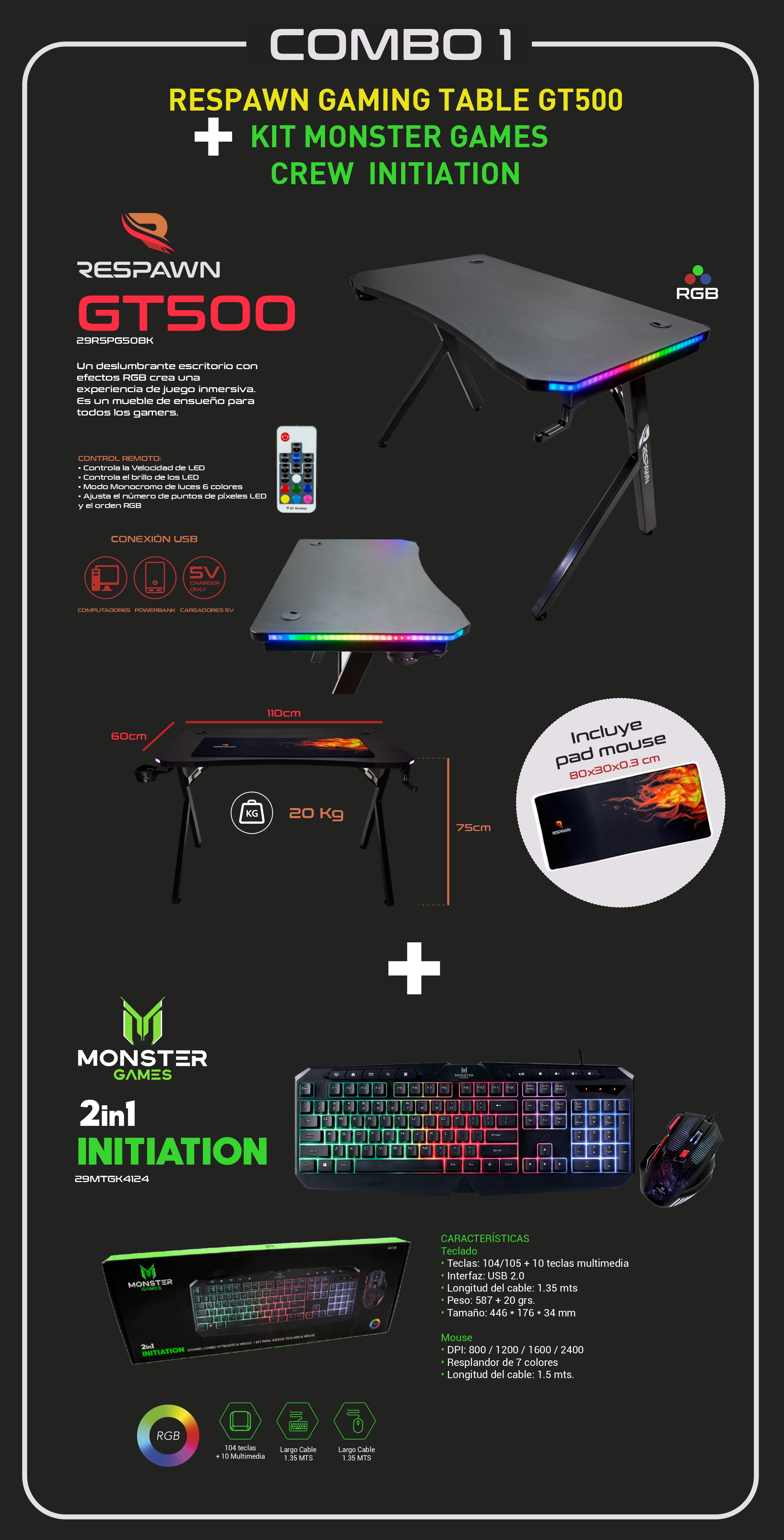 Combo Gamer Escritorio RGB + Mouse Pad + Kit Teclado y Mouse ...