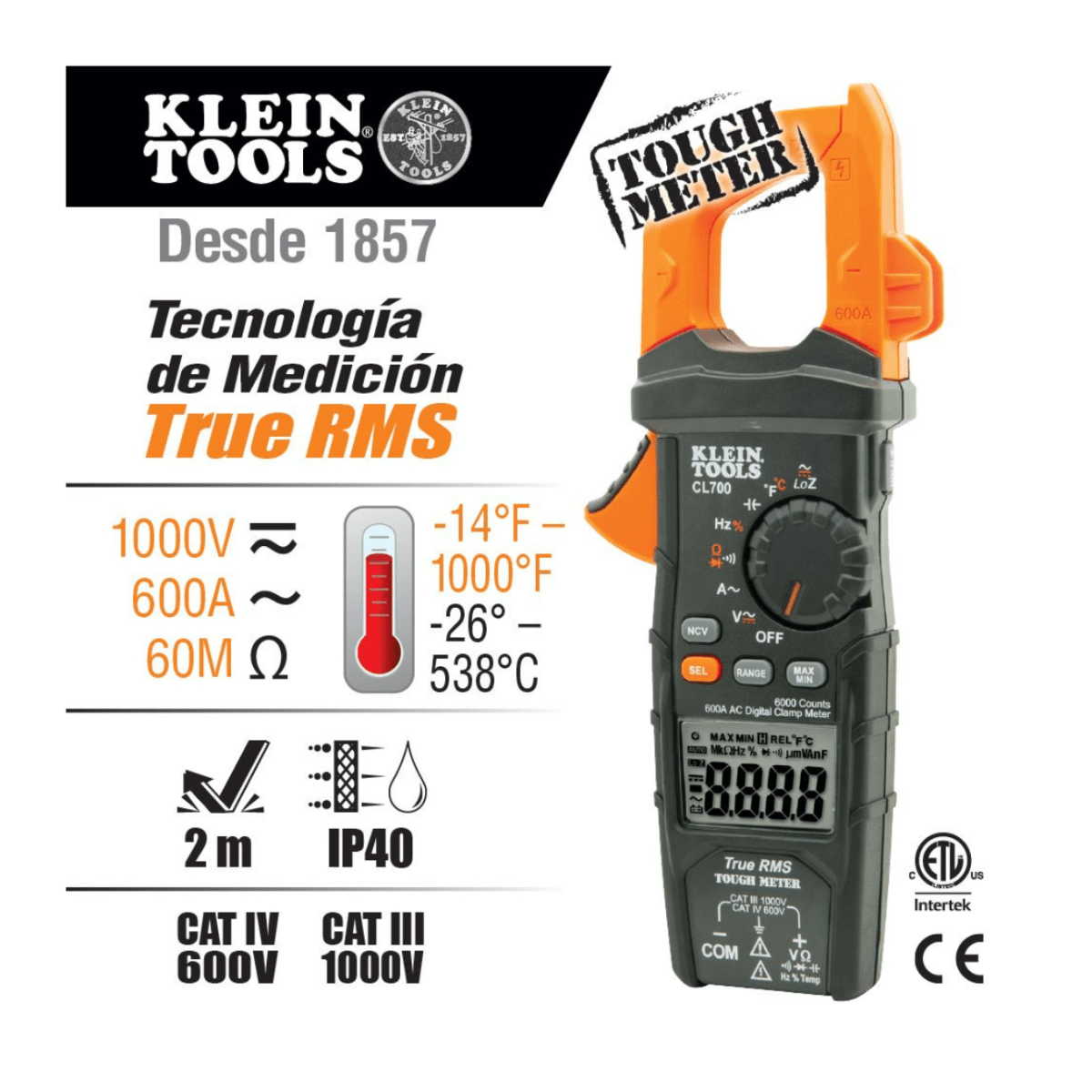AMPERIMETRO DE TENAZA 600A. MARCA KLEIN TOOLS | Comercial Gyma