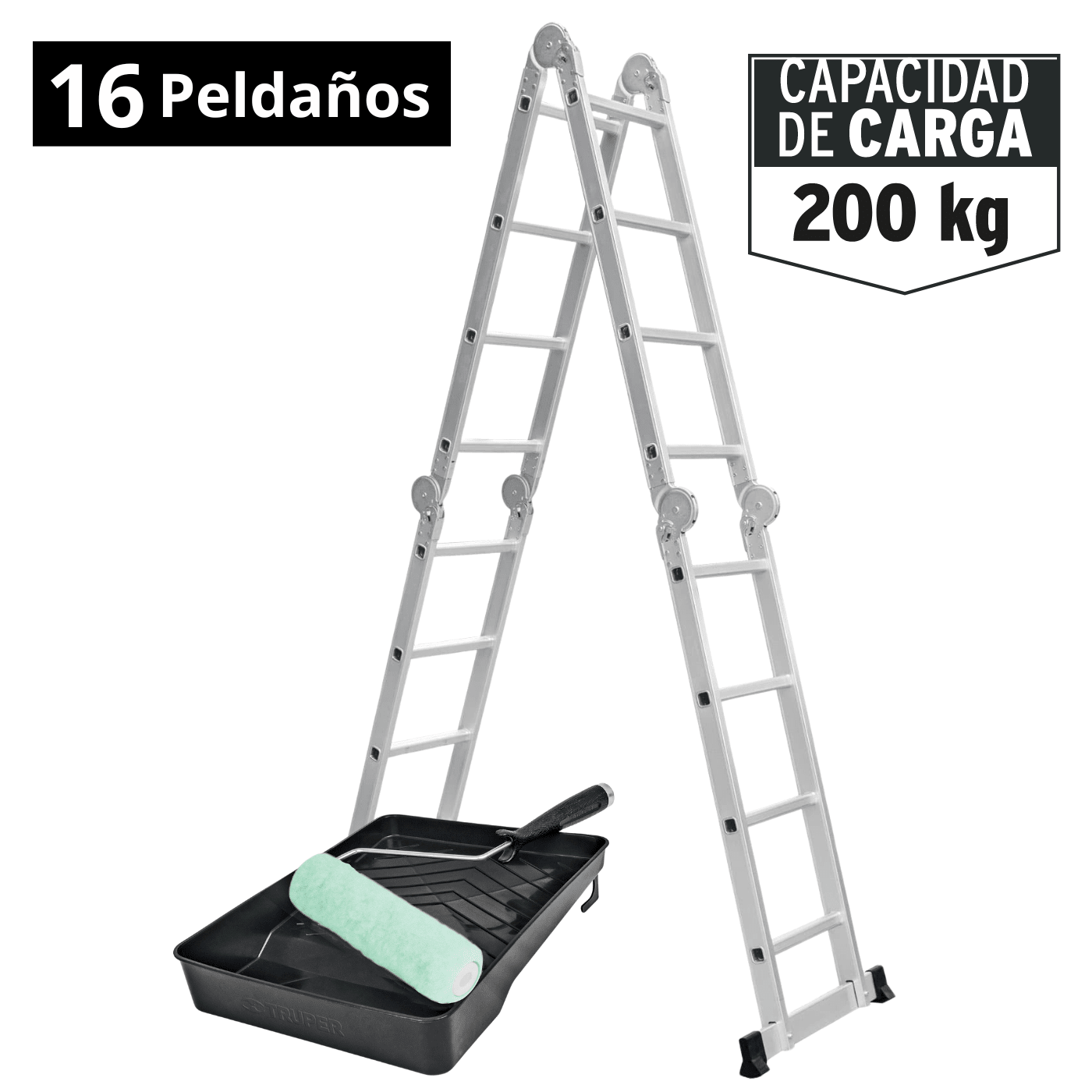 Combo Escalera Multiposicion 16 pasos + Rodillo y bandeja Truper ...
