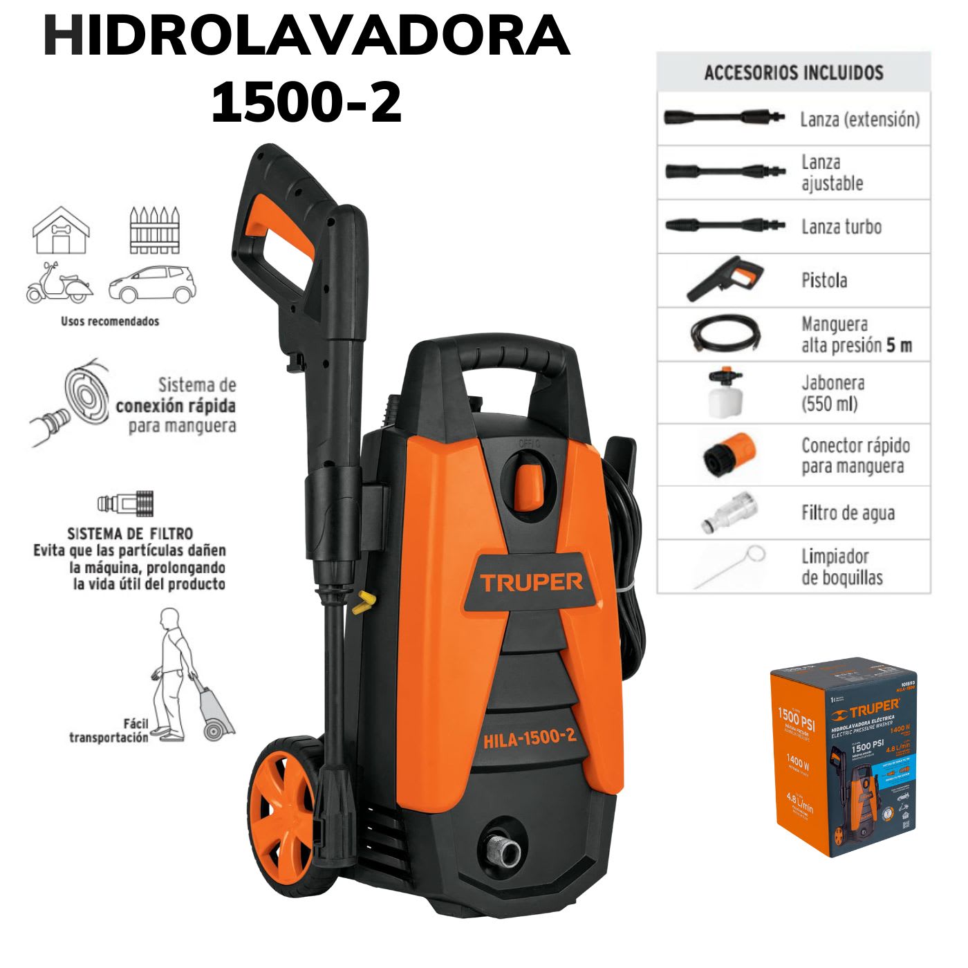 Hidrolavadora 1500 Psi Truper + Cepillo giratorio Total | Corporacion ...