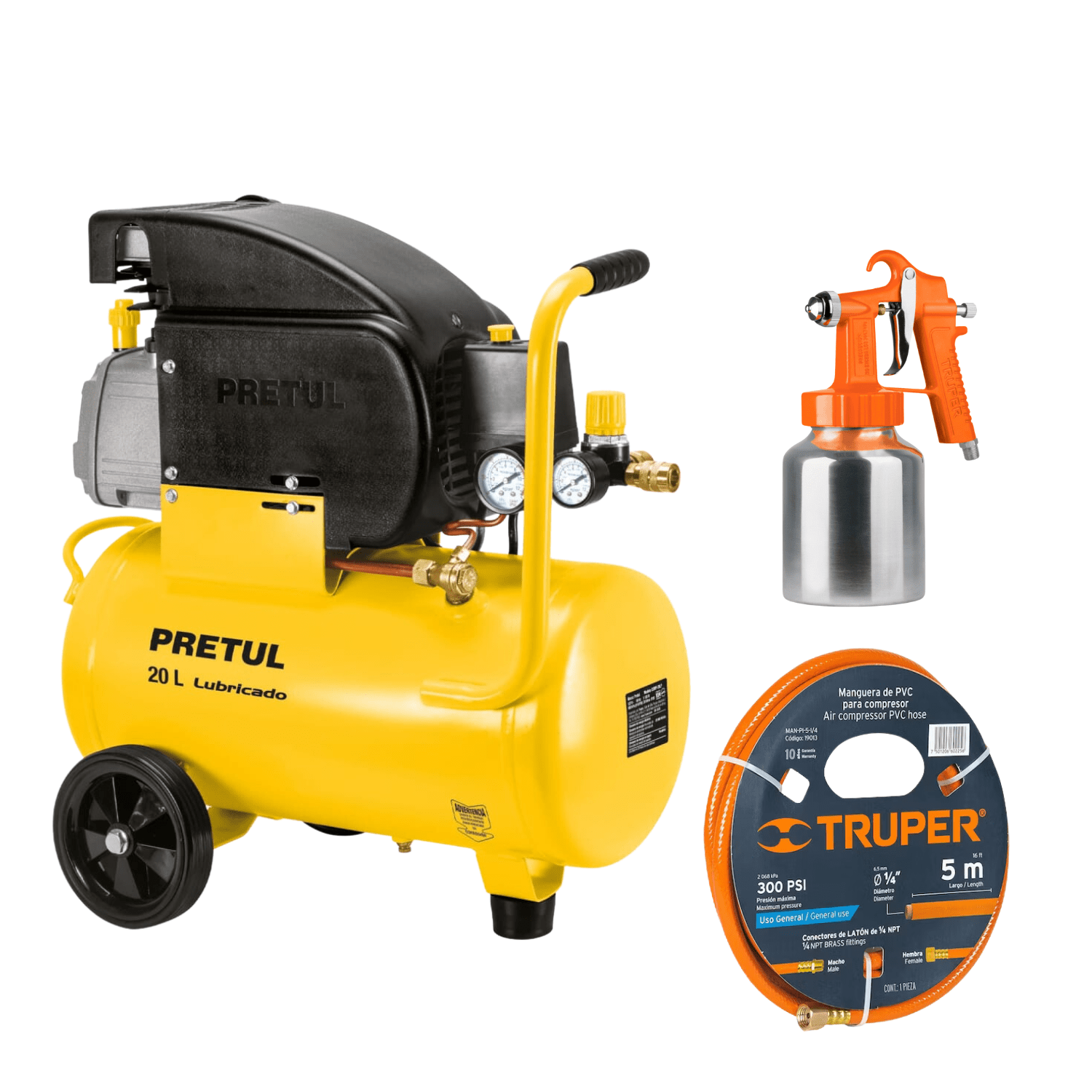 Combo compresora de 20 litros pretul con manguera 5m y pistola Truper ...