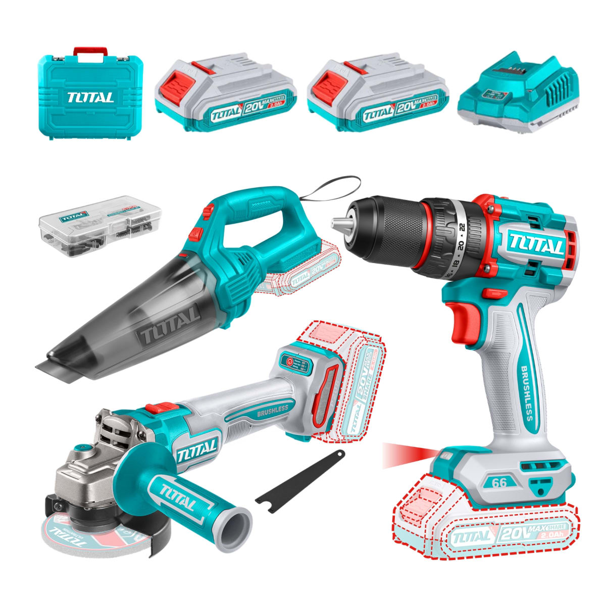 Amoladora angular 4 ½" inalámbrica Total + Taladro percutor 66nm con ...