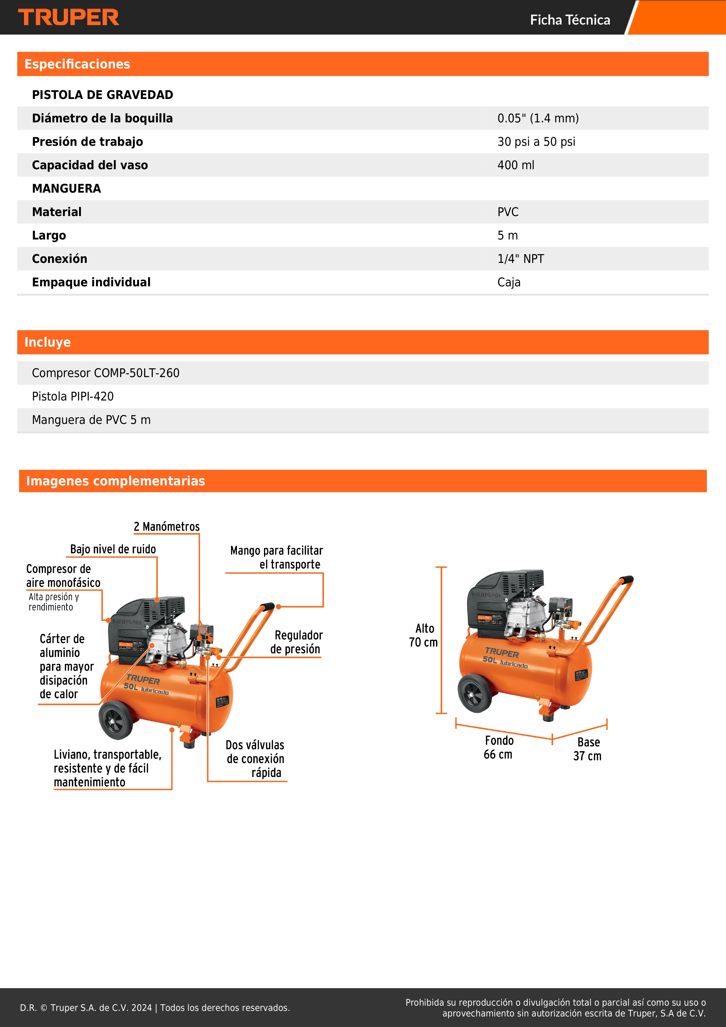 Combo compresora de 50L con manguera y pistola para pintar ...