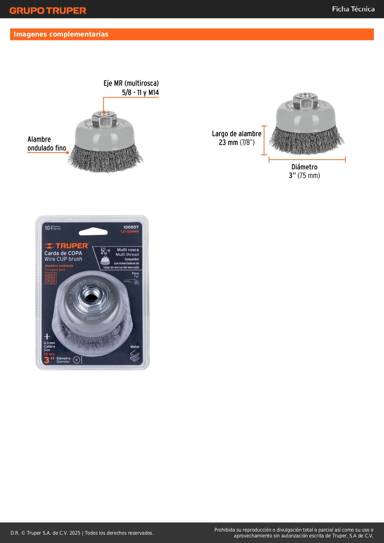 Escobilla tipo copa 3'' alambre ondulado fino multi-rosca Truper | Ferremax